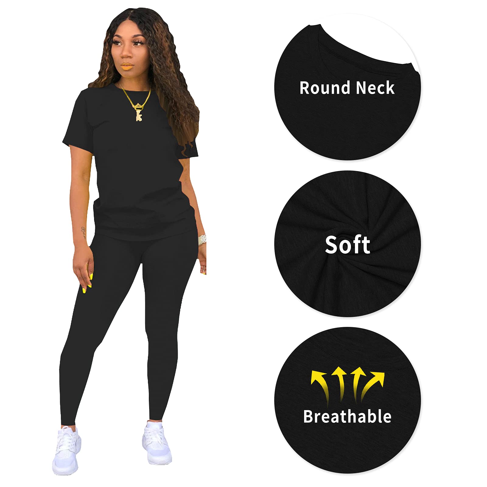 AOMONI Women Two Piece Outfits Tracksuit Summer Plus Size Top Pant Set Casual Short Sleeve T-shirt Black 3X-Large