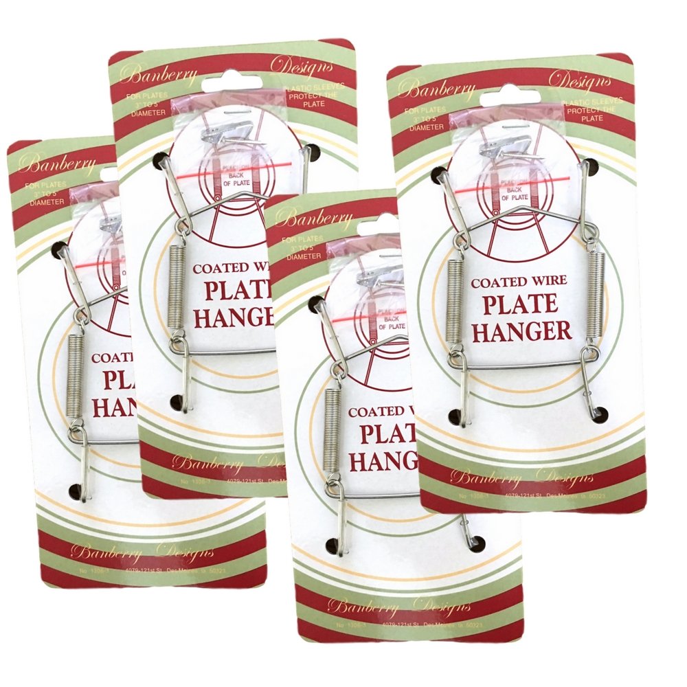 BANBERRY DESIGNS Chrome Vinyl Coated Plate Hanger 3.5 to 5 Inch Plate Hanger Set of 4 Hangers - Includes Hanging Hook and Nail