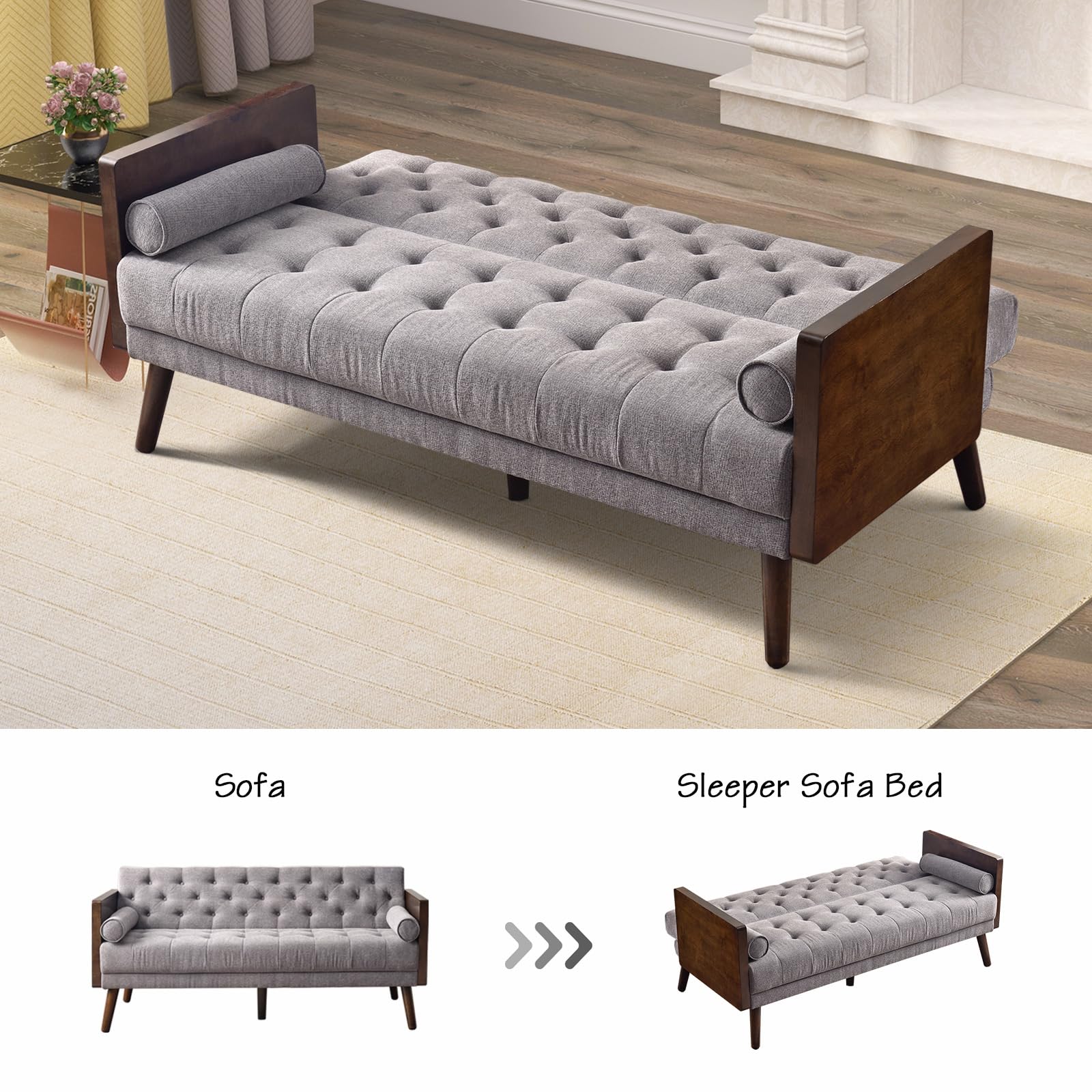 CANMOV Futon Sofa Bed, Sofa Cama, Sleeper Loveseat, Convertible Sleeper Sofa Bed Living Room, Wood Frame Loveseat Sleeper Sofa Bed with 2 Pillows for Small Spaces, Bedroom, Office, 70 Inch, Grey