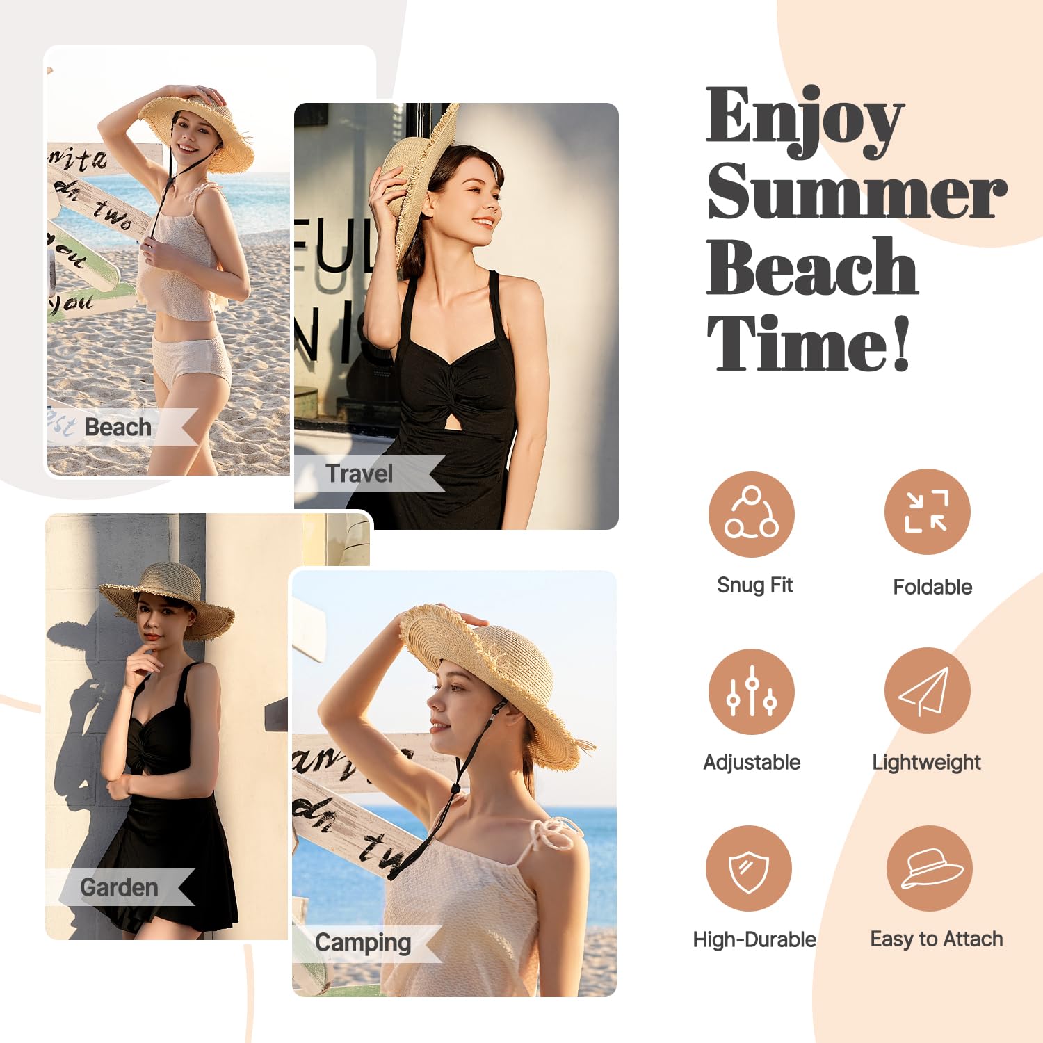 Beach Hats for Women, Wide Brim Sun Straw Hat for Women, UV Protection UPF 50+ Sun Hats, Collapsible Roll up Cap