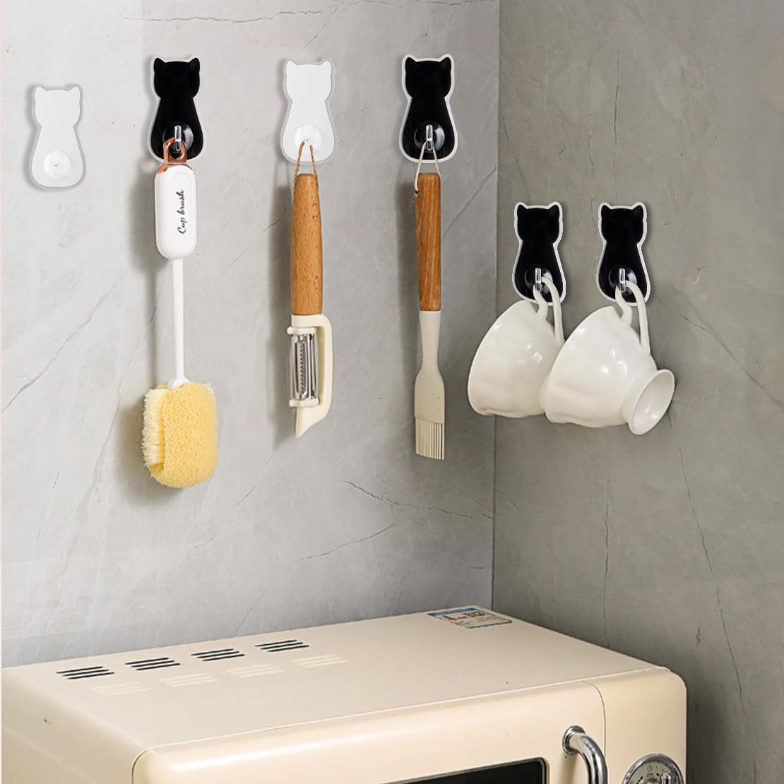 DeryArcle 4Pcs Cat Key Hook, Self Adhesive Hooks White Creative Cartoon Coat Hook Wall Mounted Hanger for Towel Scarf Bag Hat Gloves Robe Clothes (Type A)