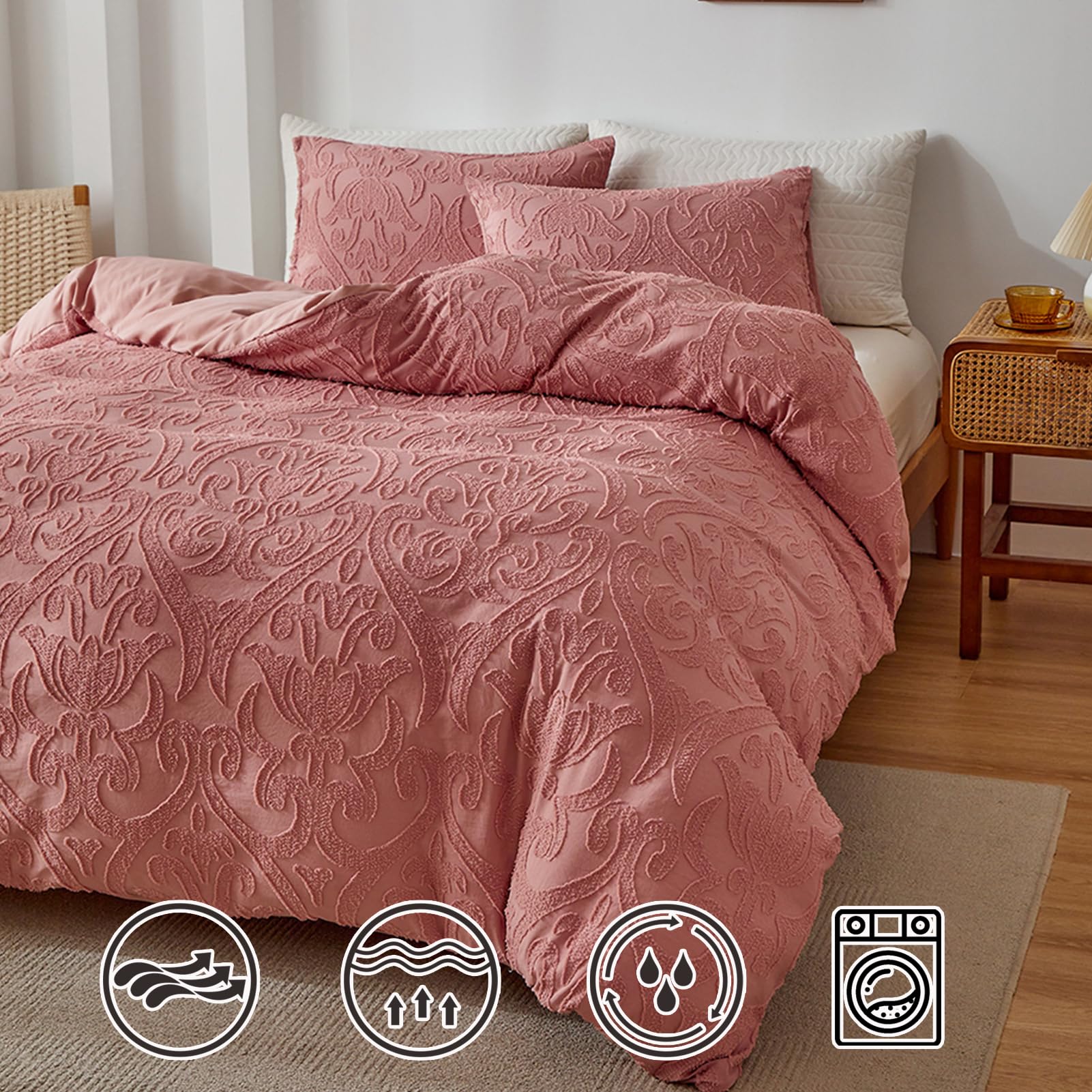 Warmarky Pink Duvet Cover Queen Size Boho Tufted Duvet Cover Queen(90x90’’) Soft Breathable Cation Microfiber Light-Weight Bedding Set,1pcs Comforter Cover,2pcs Envelop Pillowcase