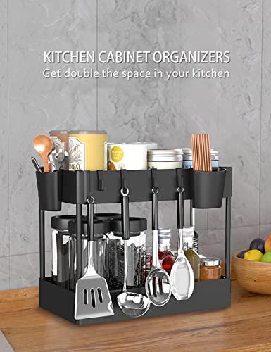 Axbima 2 Tier Under Sink Organizer, Under Bathroom Sink Storage, Under Kitchen Sink Shelf Rack with 2 Hanging Cups & Hooks for Cabinet Countertop Bathroom Laundry Garages (Black)