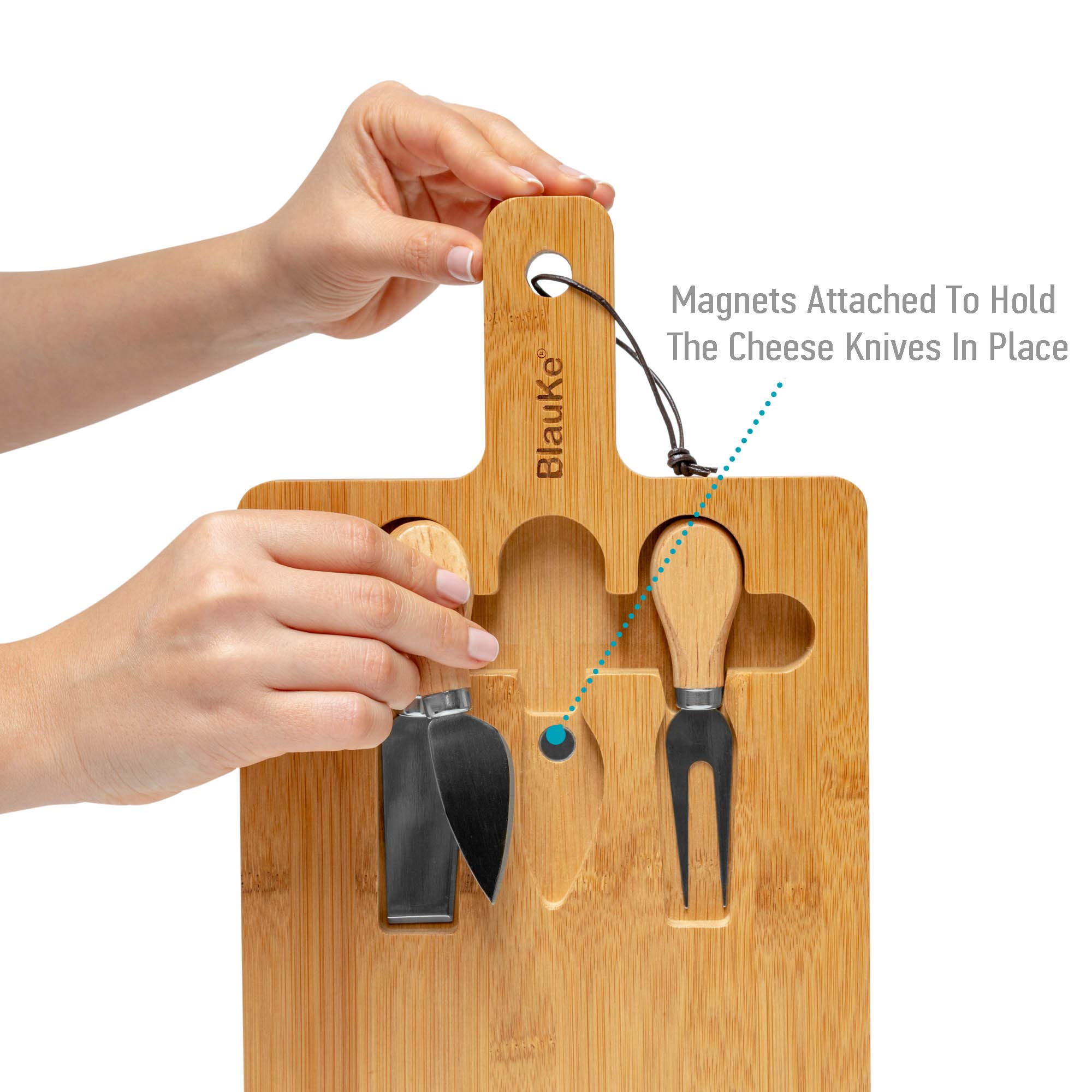 Bamboo Cheese Board and Knife Set 12x8 inch - Wood Cheese Cutting Board, Serving Tray Platter, Charcuterie Board Set, Magnetic Cheese Knives – BlauKe®