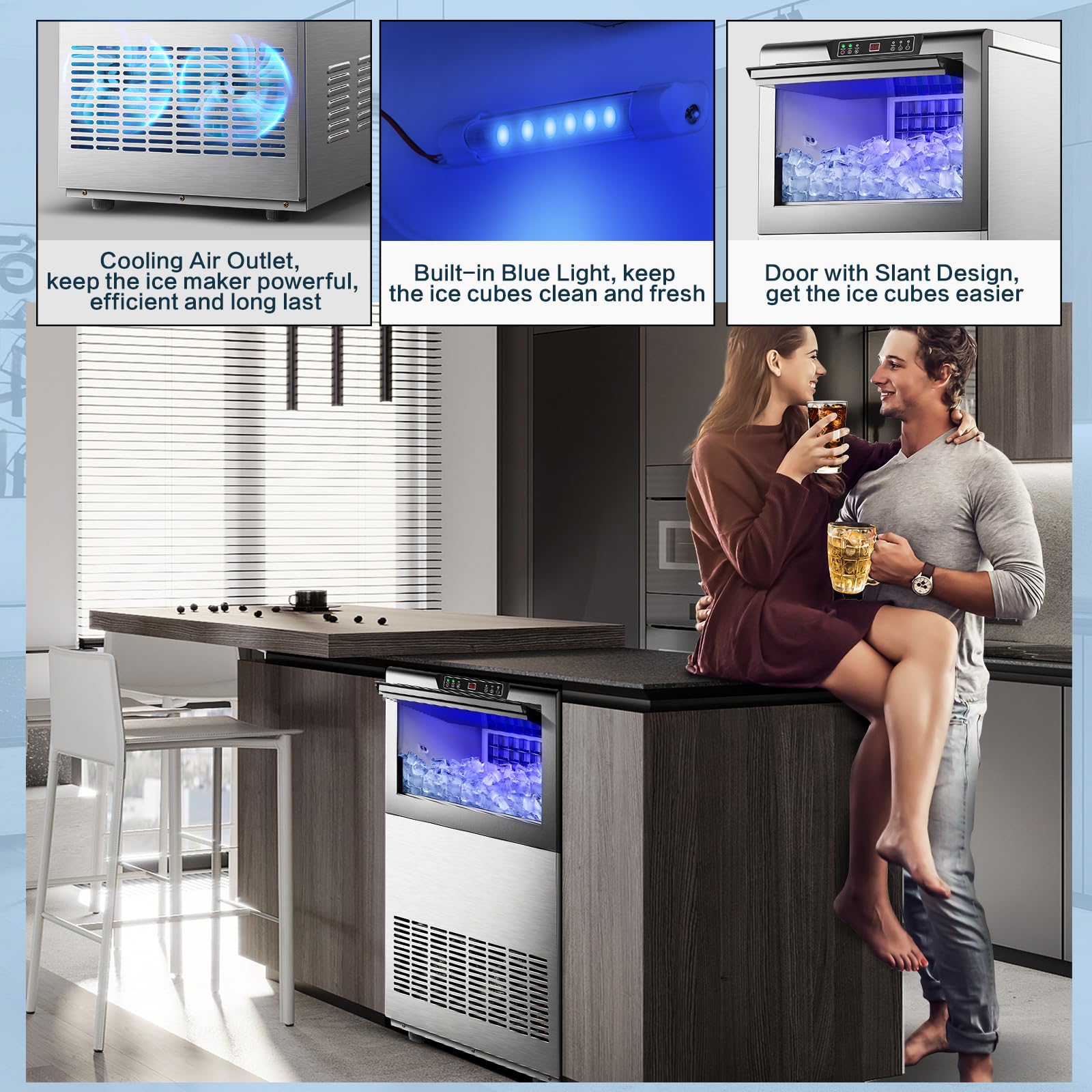 Amzgachfktch Commercial Ice Maker, 100lbs/24H Ice Maker Machine, Auto Self-Cleaning, LED Digital Display, Blue Light, Under Counter/Freestanding Ice Machine for Home/Office/Restaurant/Bar