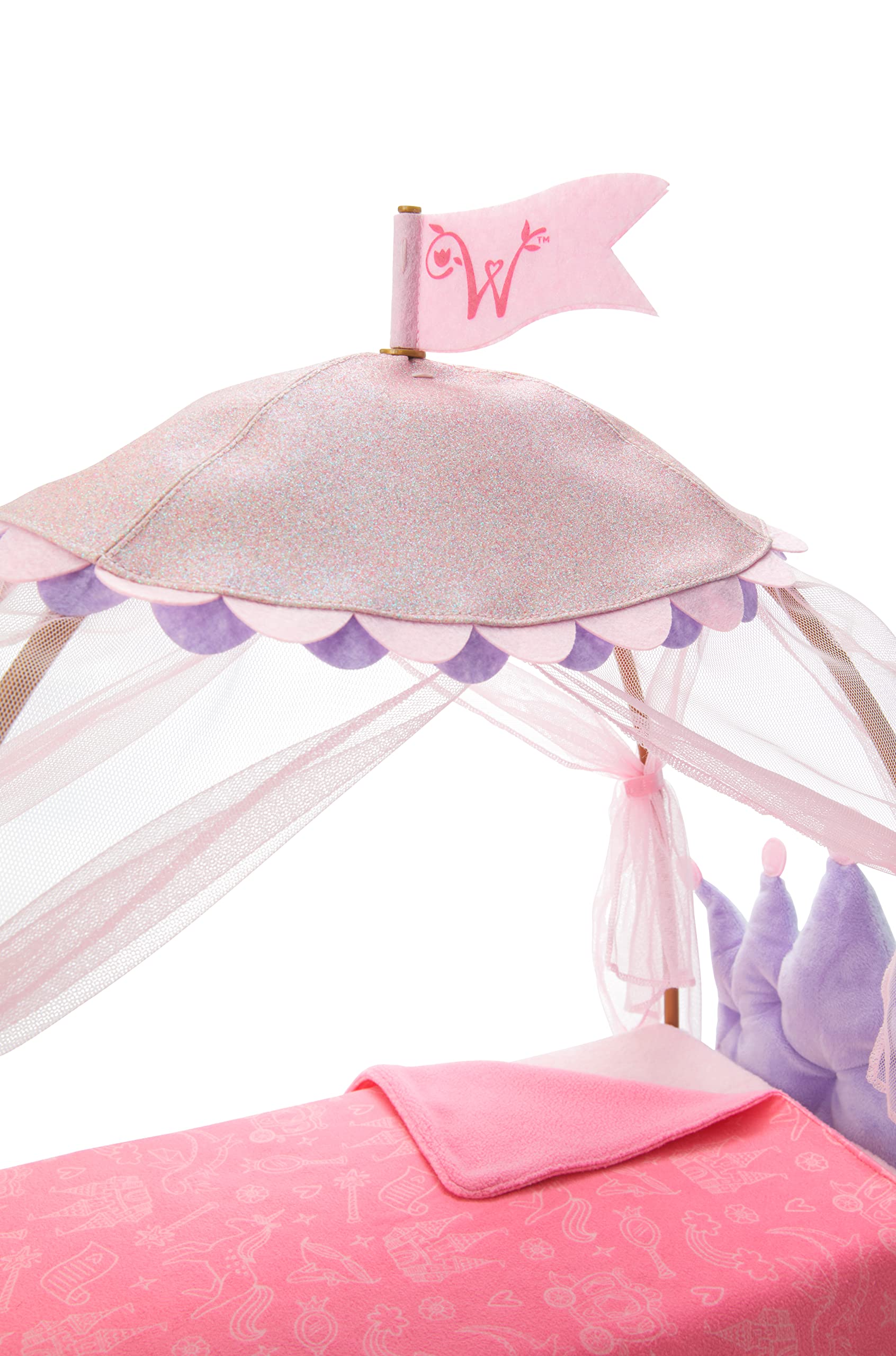 American Girl WellieWishers 14.5-inch Doll Royal Canopy Bed Playset with Mesh Drapes, Flag, and Blanket, For Ages 4+