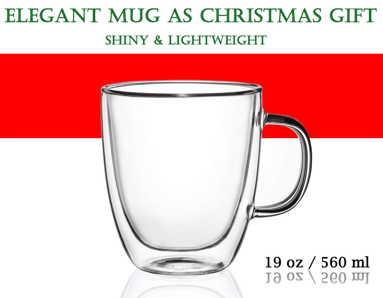 BothEarn Glass Coffee Mug Set of 2 - Double Wall Clear Espresso Cup with Large Handle, Great for Latte, Cappuccino and Juice, 19 Ounce (560 ml), BE026