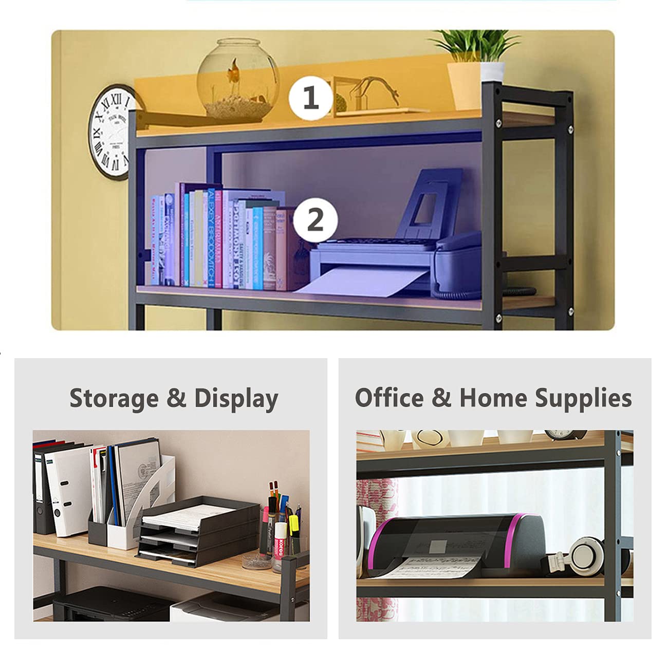 AOOSSI Computer Desktop Bookcase, 2-Tier Countertop Hutch Display Shelf, Multipurpose Adjustable Wood Rack Organizer for Home Dorm Office Supplies - Brown