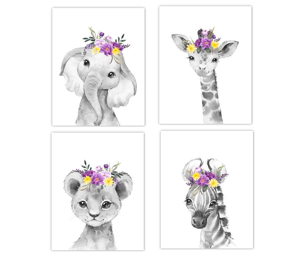 Baby Girl Nursery Wall Art Floral Safari Animals Elephant Giraffe Lion Zebra Room Decor 4 UNFRAMED PRINTS