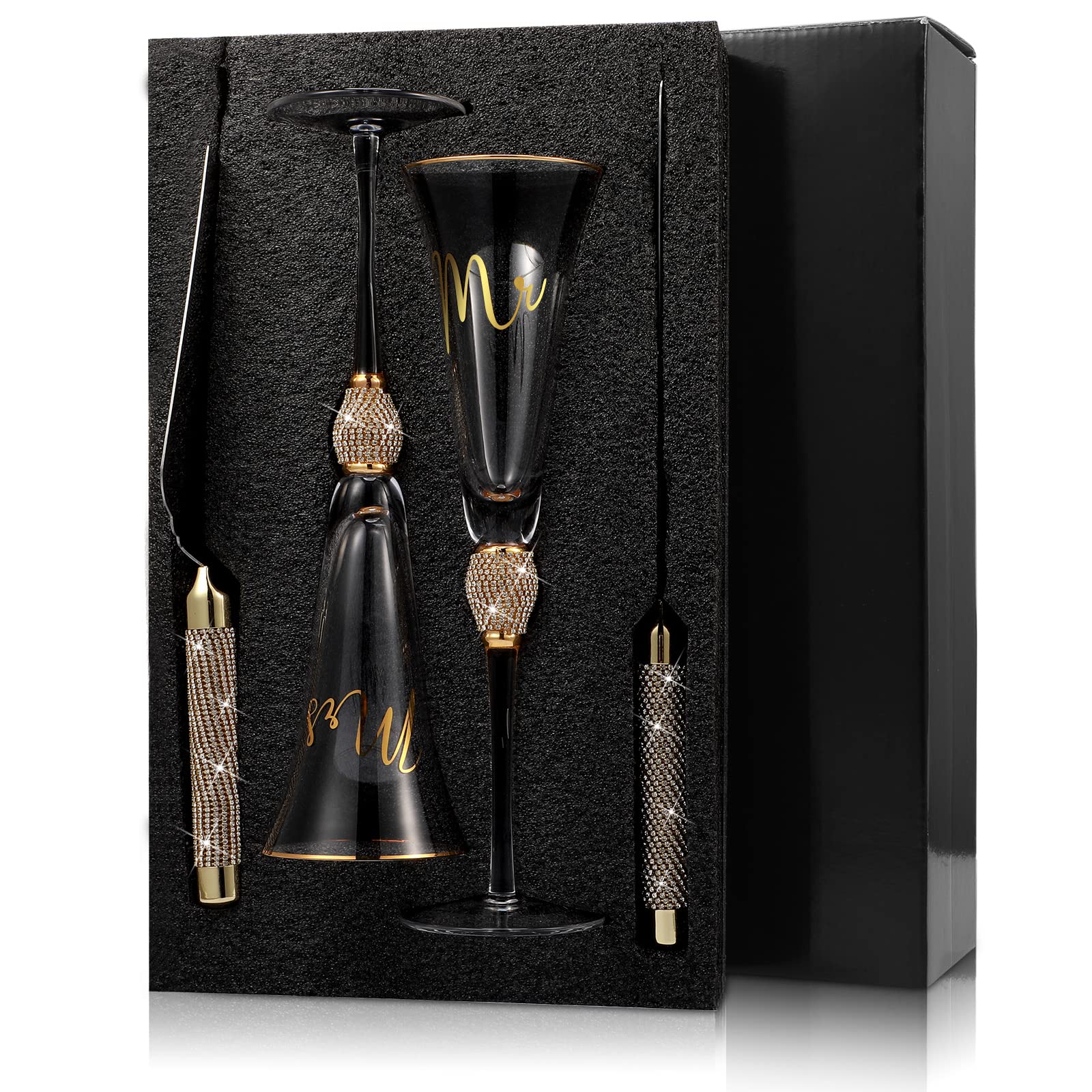 Boao 4 Piece Wedding Toasting Flutes and Cake Server Set Wedding Reception Supplies Champagne Glasses Cake Knife Pie Server (Gold)