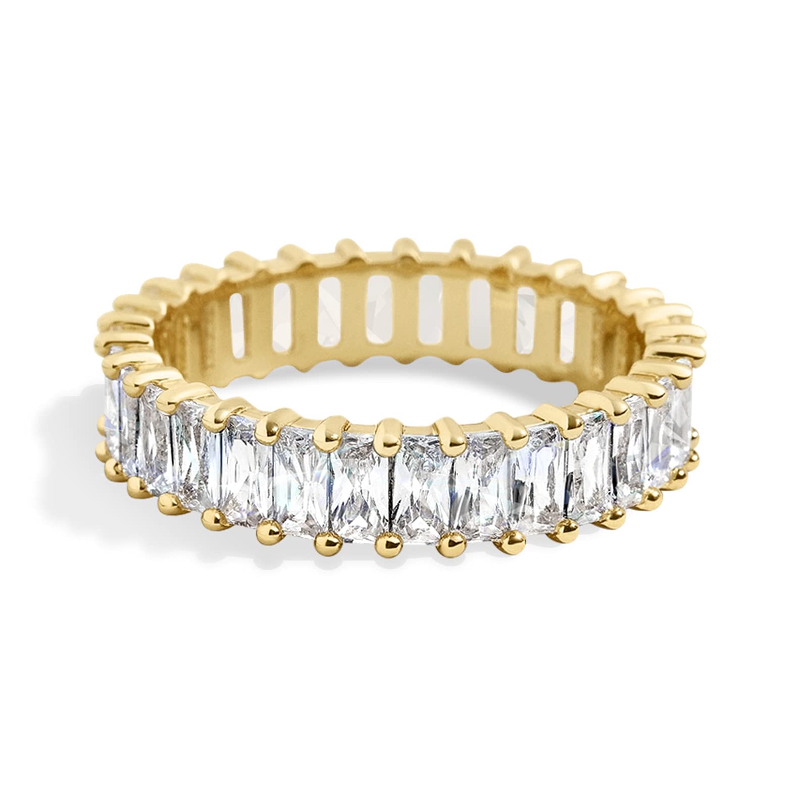 Aojun 14K Gold Plated Eternity Ring Wedding Band Princess Cut Stackable Statement Rings Gold Rings for Women (Baguette 14K Gold, 7)