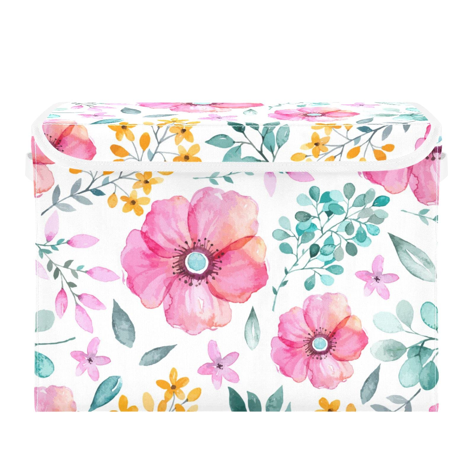 stargrass Foldable Storage Bin Fabric Decorative Storage Box with Lid and Handles,Watercolor Red Flowers Leaves Collapsible Storage Basket 11.8x12.6x16.5 Inch
