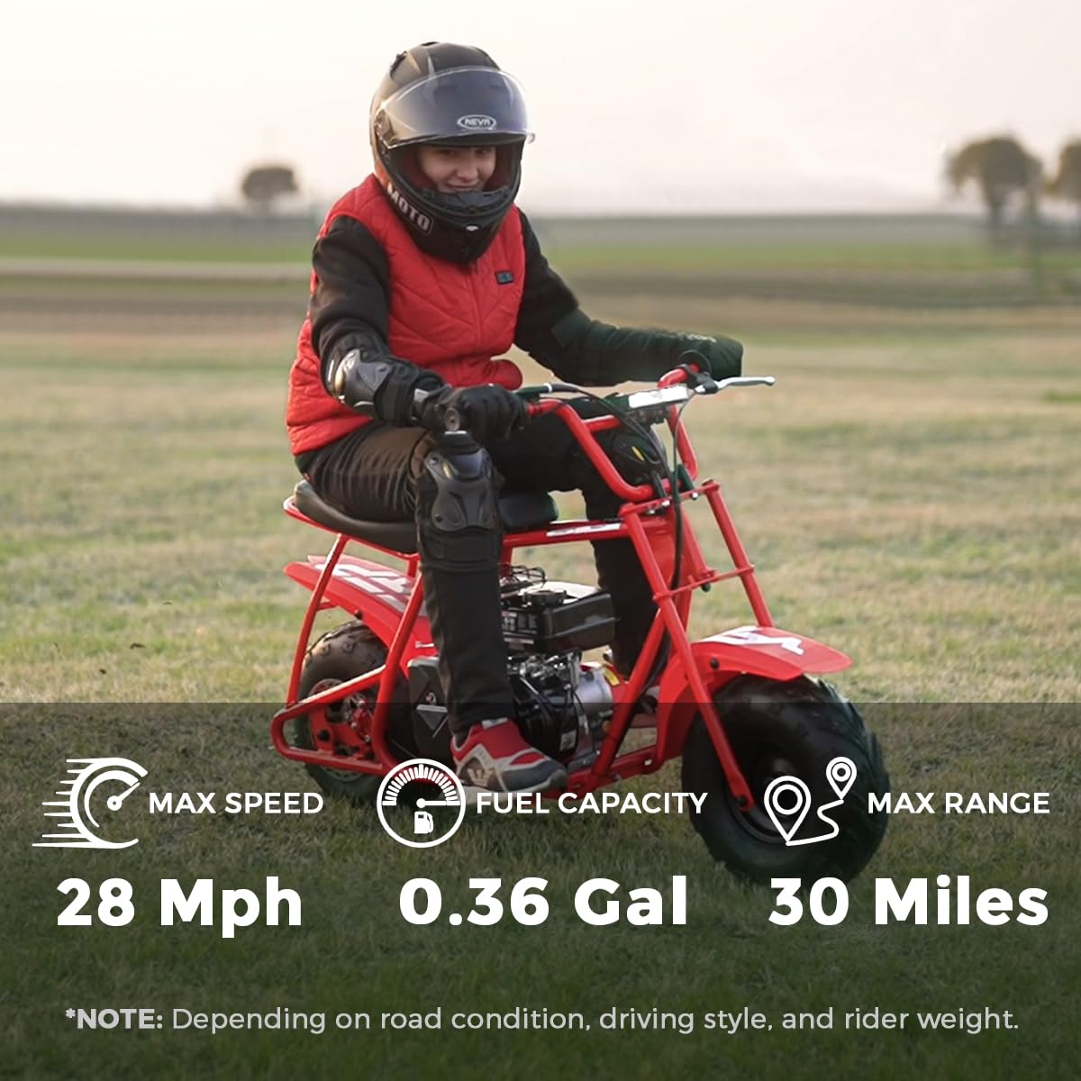 FRP GMB100 Mini Bike, 99CC 4-Stroke Mini Bikes for Adults, Off-Road Motorcycle W/LED Headlight, Goggles, Gloves and Neck Gaiter Up to 28 Mph, Weight Support Up to 220 LBS(Red)