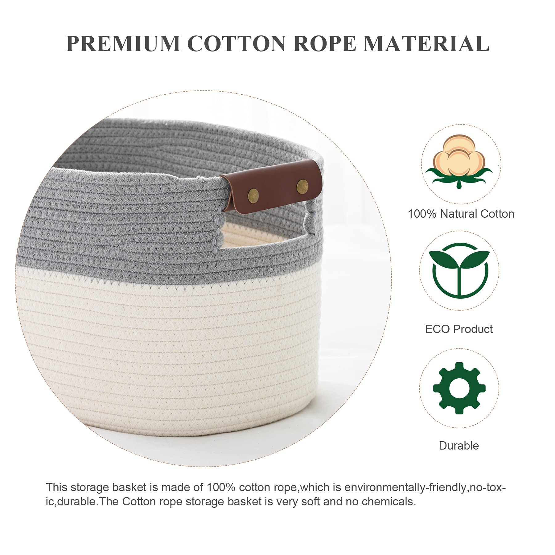 ECDYQXVU 1 Pack Cotton Rope Storage Baskets,15x10x9 in,Collapsible Storage Bins, Decorative Woven Basket Cube Storage Organizer for Nursery, Laundry, Towel, Clothes,Cosmetics, Books(White/Grey)