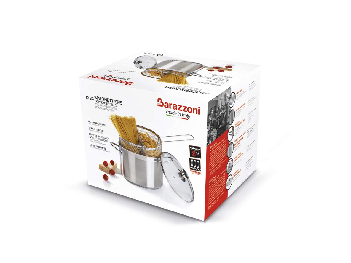 Barazzoni – Spaghetti Pot with Double Basket, 24 cm Diameter, 18/10 Stainless Steel Made in Italy