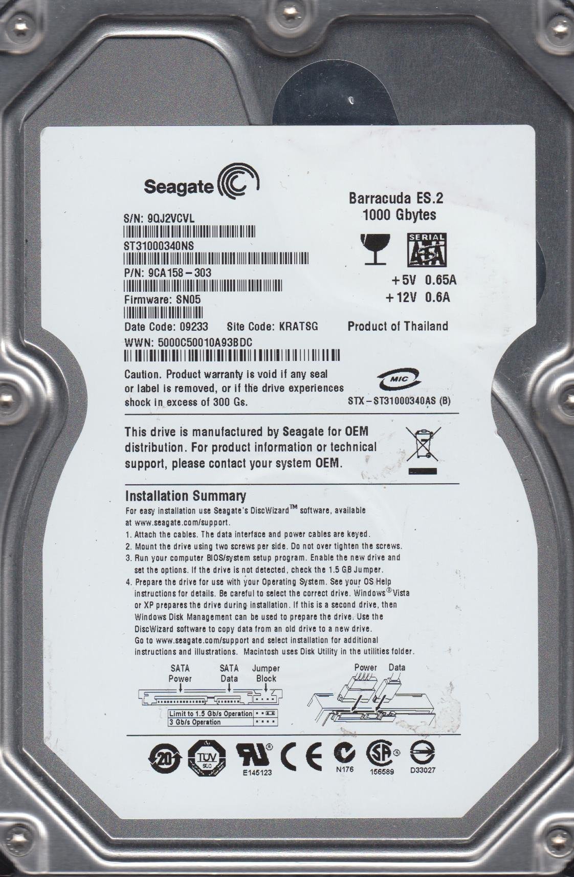 Seagate Barracuda ES 1 TB 7200RPM SATA 3Gb/s 32 MB Cache 3.5 Inch Internal Hard Drive ST31000340NS-Bare Drive