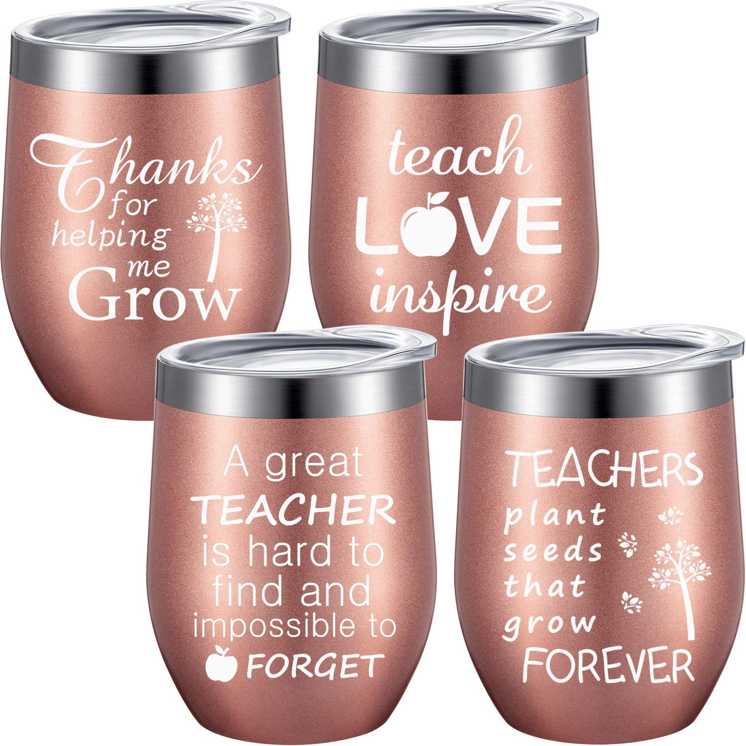 Boao 4 Pieces Teacher Gifts Wine Tumbler Set Teacher Appreciation Gifts, Funny Thank You Birthday Graduation Christmas Gifts for Teachers Professors, 12oz Coffee Mug with Lid Straw (Rose Gold)