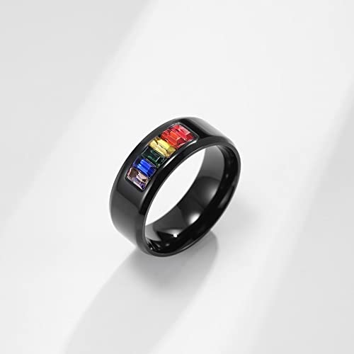 Aooaz Gay Couple Rings, Titanium Ring Rainbow with Pride Flag Silver Wedding Band for Men Women Size 7 Free Engraved