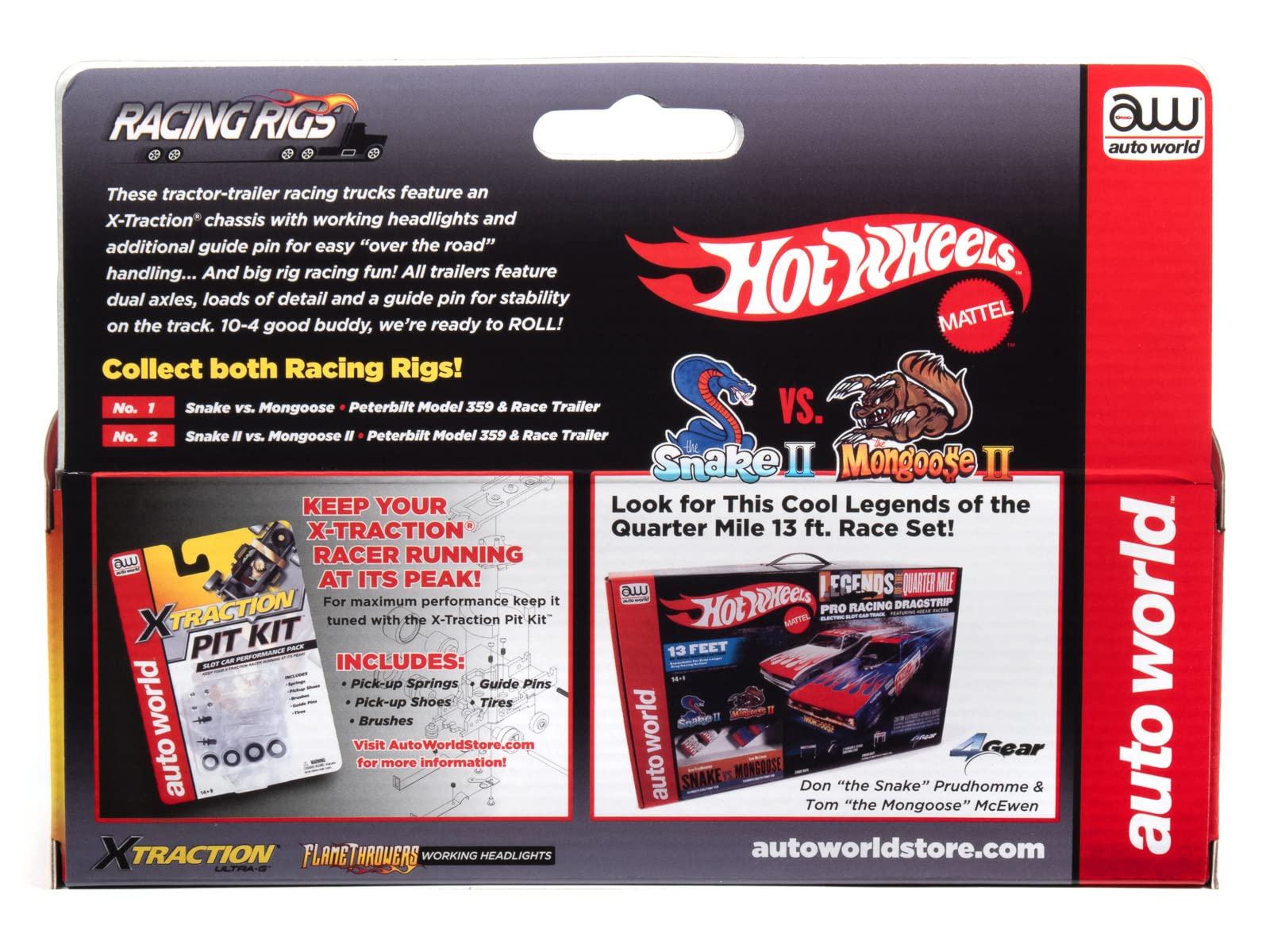 Auto World Xtraction Racing Rig Peterbilt 359 w/Trailer Snake vs. Mongoose (Flamethrower) HO Scale Slot Car