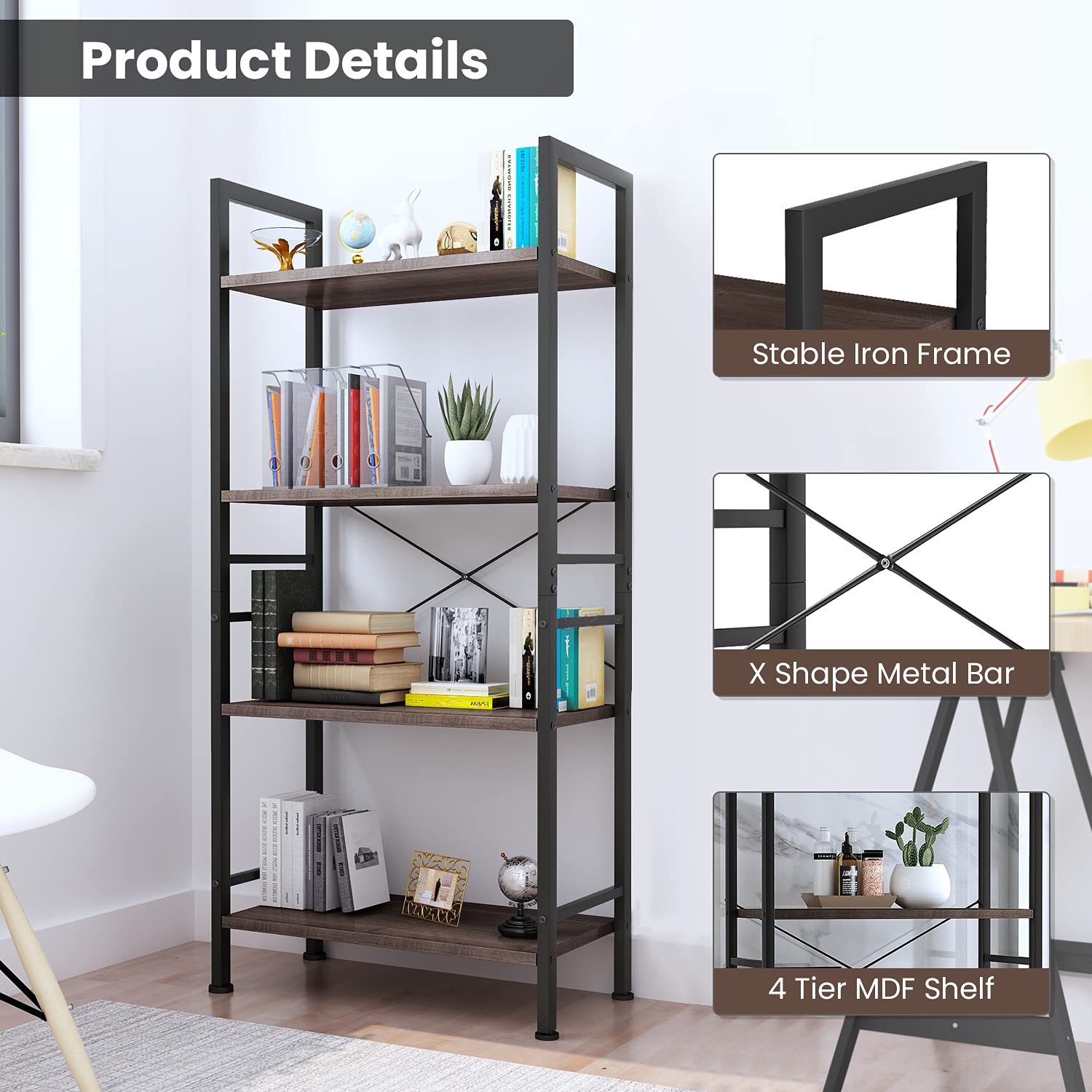 DKLGG 4-Tier Storage Shelves, Bookshelf, Wood Bookcase with Metal Frames and Standing Shelving Unit, Industrial Design Open Standing Organizer for Living Room, Bathroom, Balcony, Office, Rustic Brown