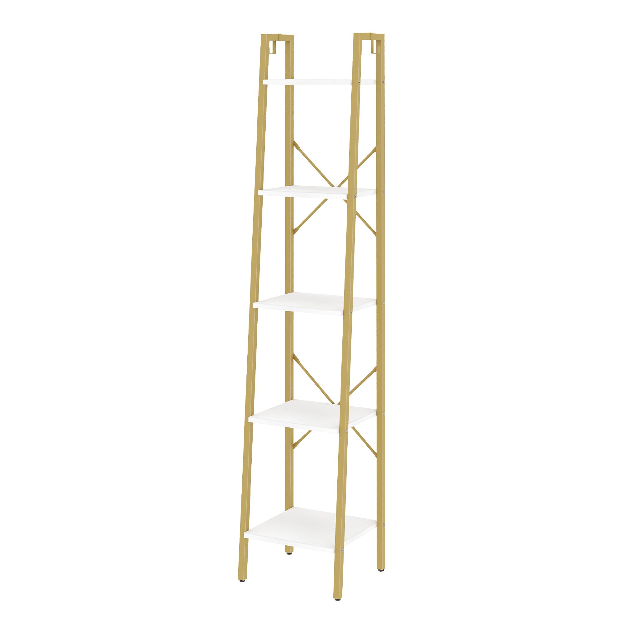 Hzuaneri Ladder Shelf, Bookshelf Bookcase, Freestanding Corner Storage Shelve with 2 Hooks for Home Office, Living Room, Kitchen, Bedroom, Industrial, 5-Tier White Gold BC03213G