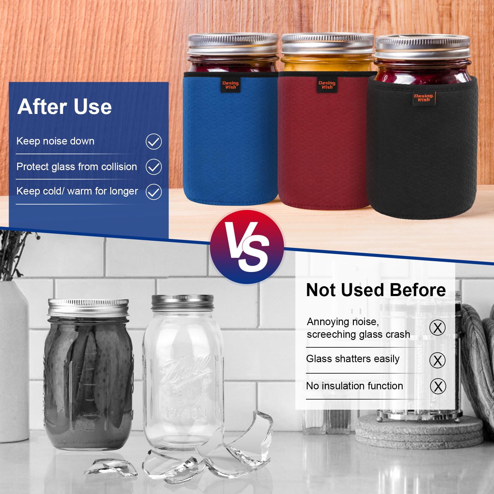 Desing Wish 64 oz Wide Mouth Mason Jar Neoprene Sleeve, 64oz Non-slip Cozy Insulated Glass Jars Protector Holder Sleeves 4.3 x 7.5 Inches - 4 Pack (Black/Red/Blue/Cyan)