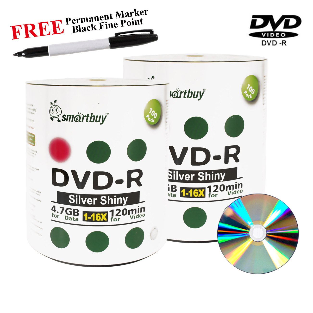 Smartbuy 200-disc 4.7GB/120min 16x DVD-R Shiny Silver Blank Media Record Disc + Black Permanent Marker