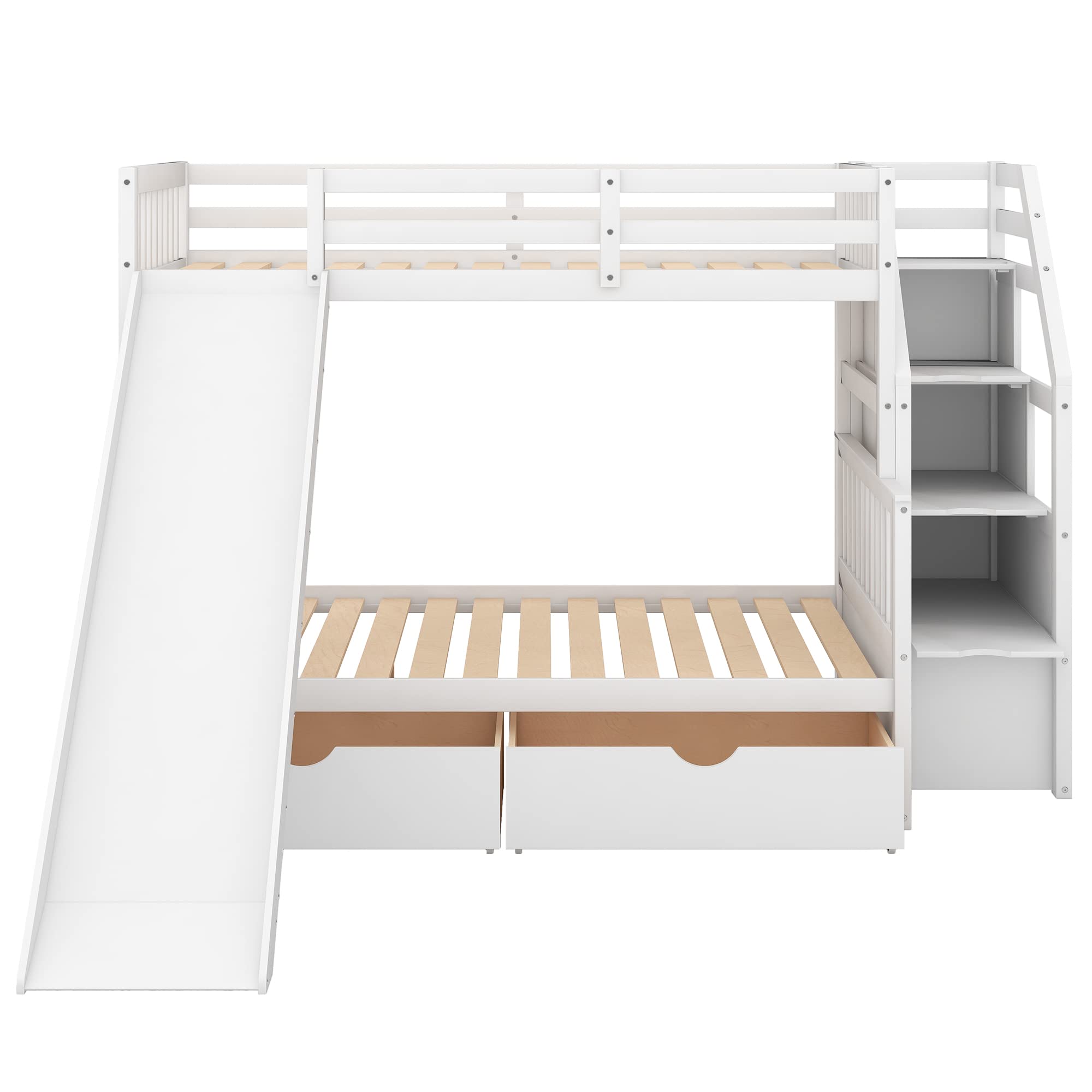 Twin Over Full Bunk Bed with Stairs and Slide, Solid Wood Bunk Bed Frame with Storage Drawers for Kids Girls Boys (White)