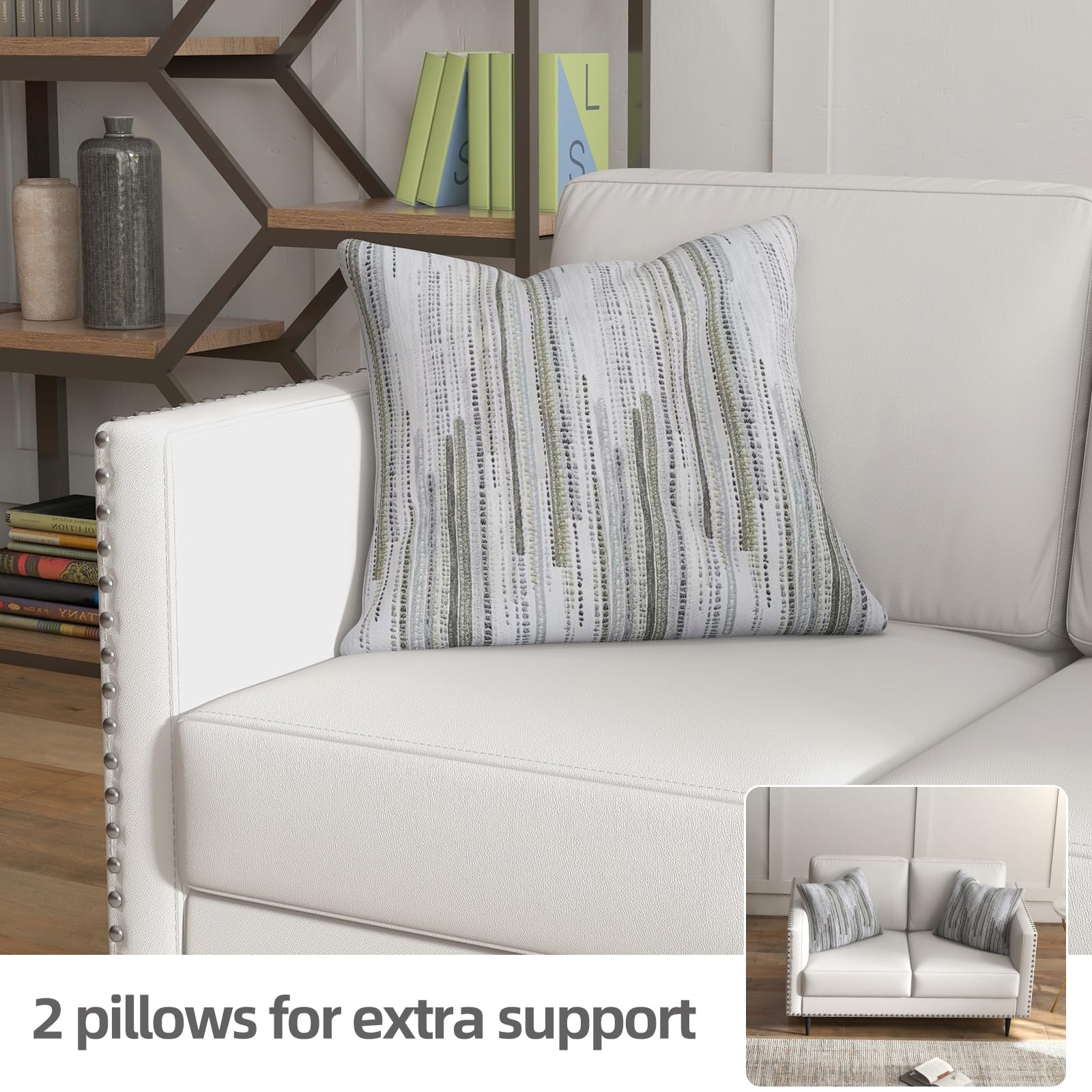EBELLO Modern Loveseat Sofa Living Room, Upholstered 2-seat Leather Sofa Couch, Rivet Design, Wood Frame and Sturdy Legs Small Sofa for Small Space, Bedroom Office, White
