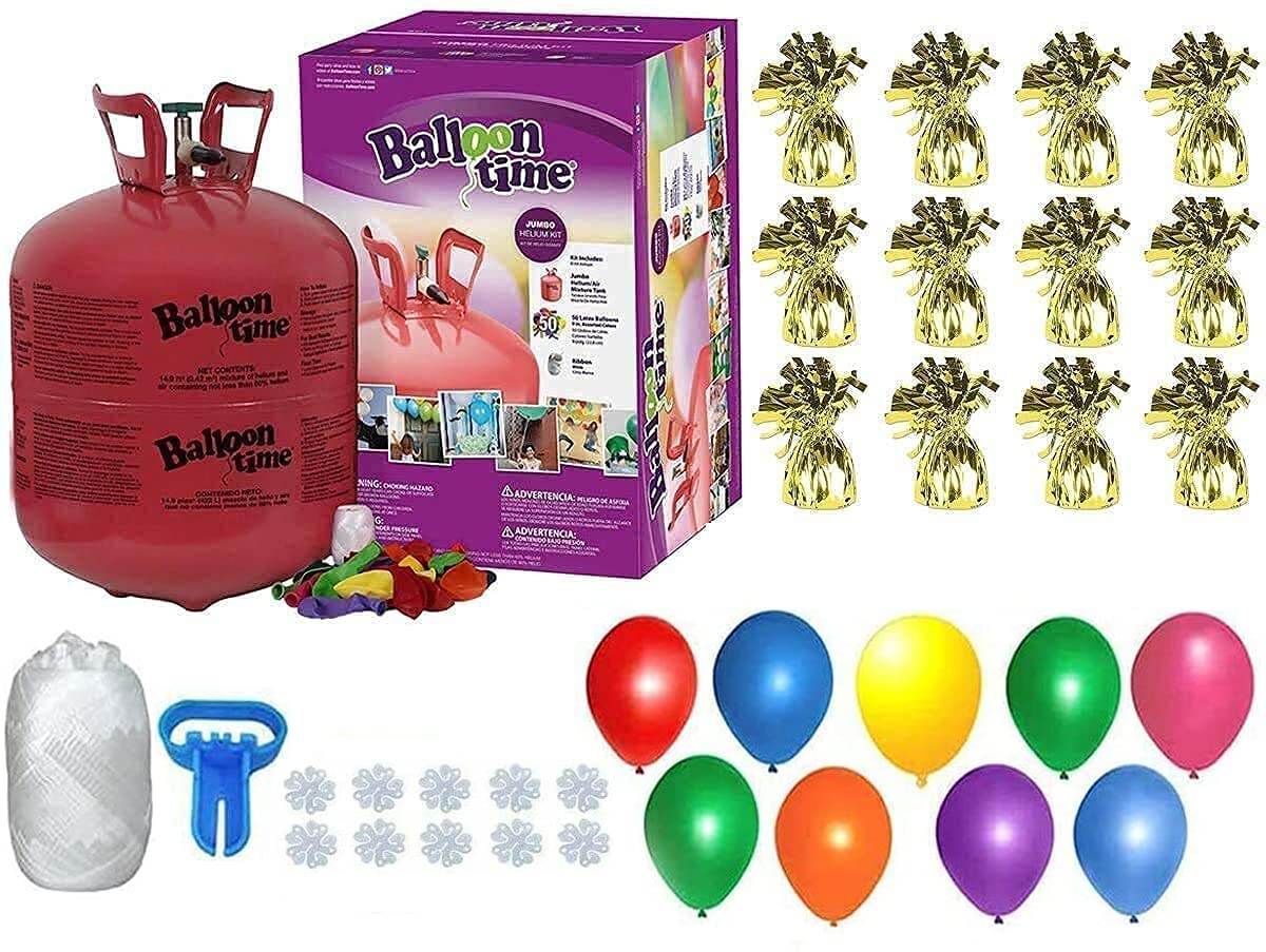 BLUE RIBBON, Helium Tank with 50 Balloons and White Ribbon + 12 Gold Balloon Weights + Plus Balloon Tying Tool