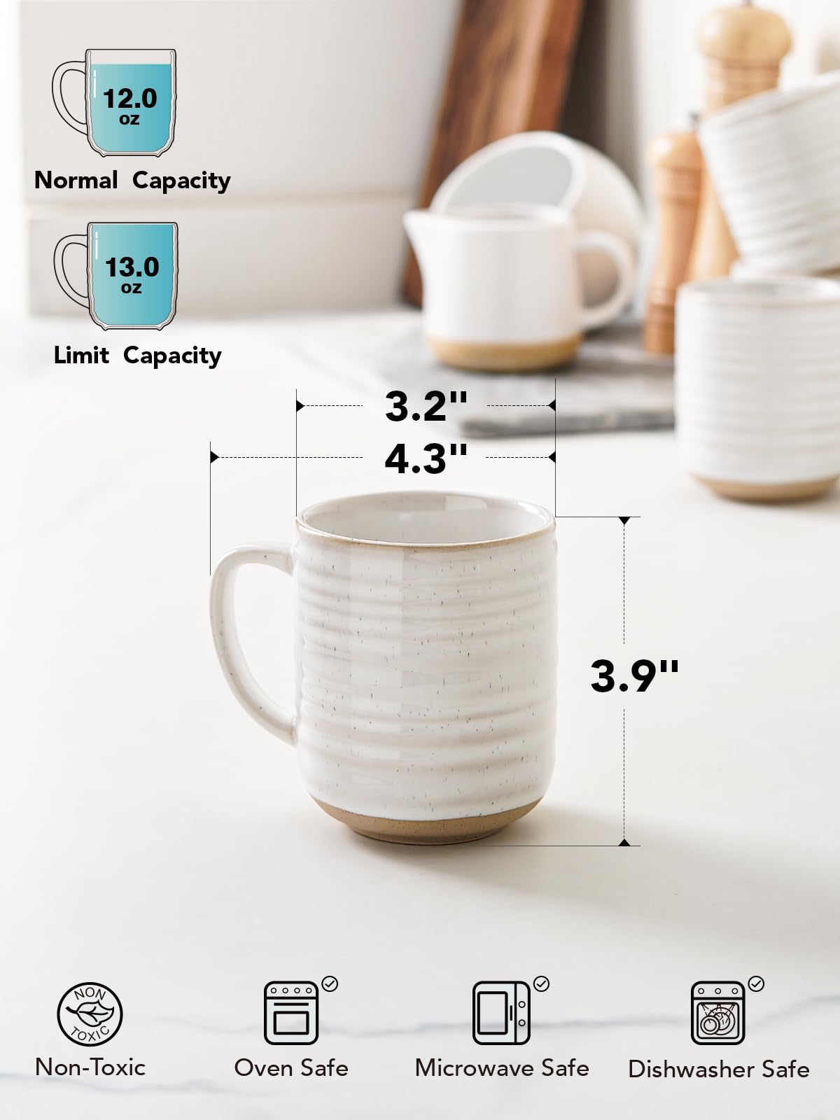 LE TAUCI Coffee Mugs 12 oz, Ceramic Mug Set, Housewarming Wedding Present, Coffee Cups for Latte, Hot Tea, Cappuccino, Mocha, Cocoa - Set of 4, Arctic White