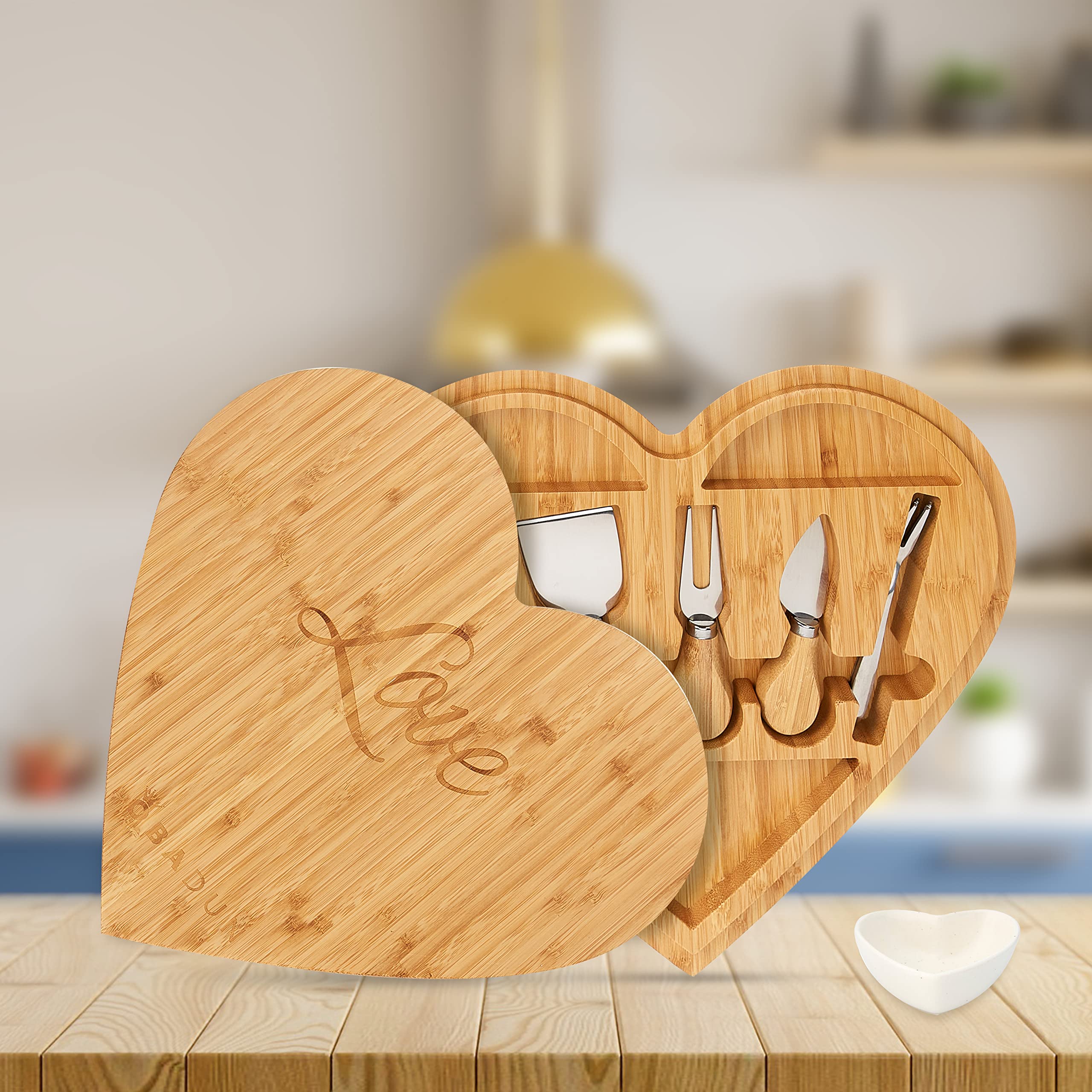 Bamboo Heart Charcuterie Board Set with knife set β Cheese Tray for Serving Cheese, Crackers, and Appetizers at Parties β Best gift for weddings birthdays valentines, anniversaries, and much more
