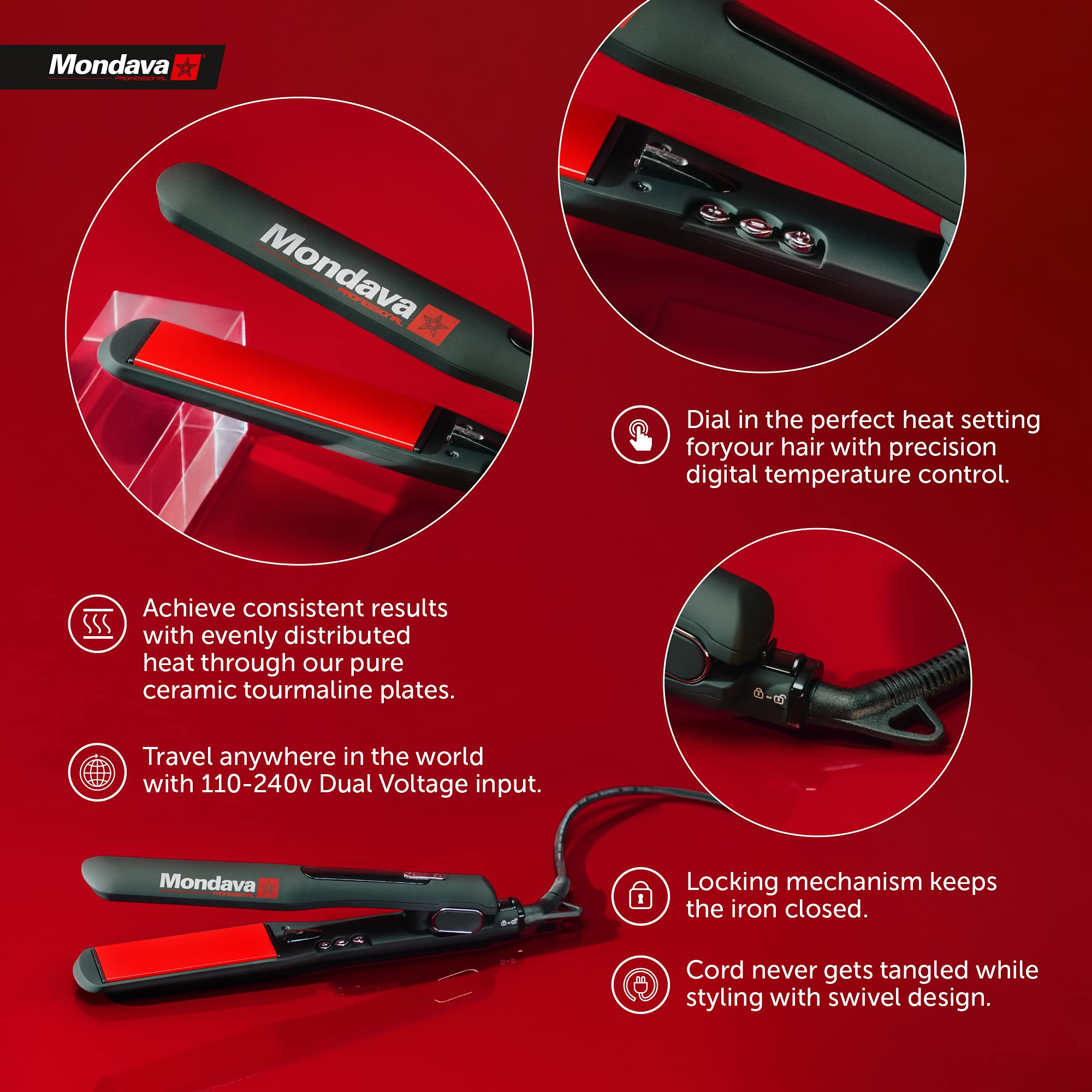 MONDAVA Professional | Ceramic Tourmaline Flat Iron Hair Straightener 1¼" | (Dual Voltage) | (Adjustable Temperature Digital Technology) | Straighten & Style Wild Hair in Under (8 Min)