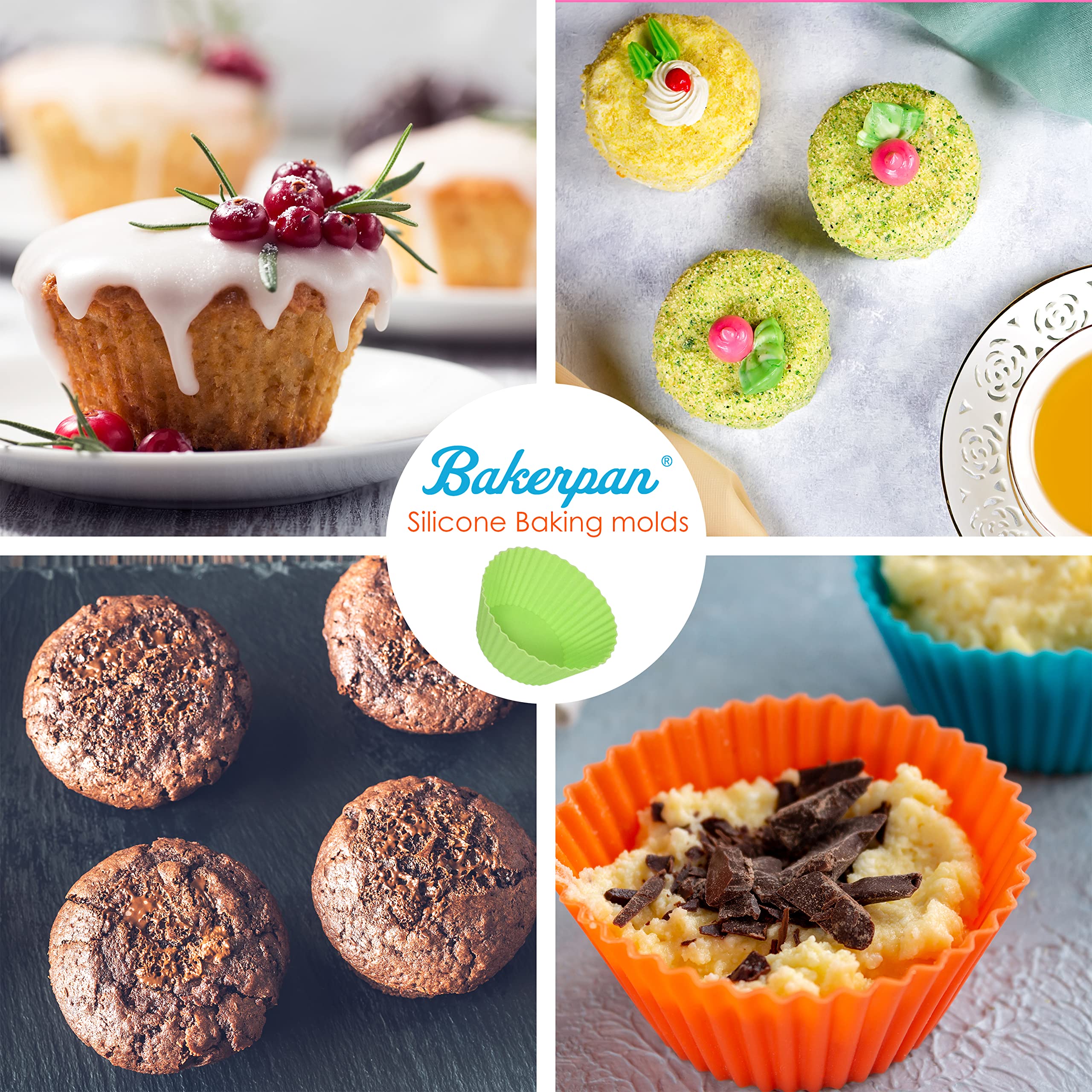 Bakerpan Silicone Muffin Cups - Reusable Cupcake Liners for Baking - Set of 24 Silicone Cupcake Molds - Premium Reusable Cupcake Liners for Baking