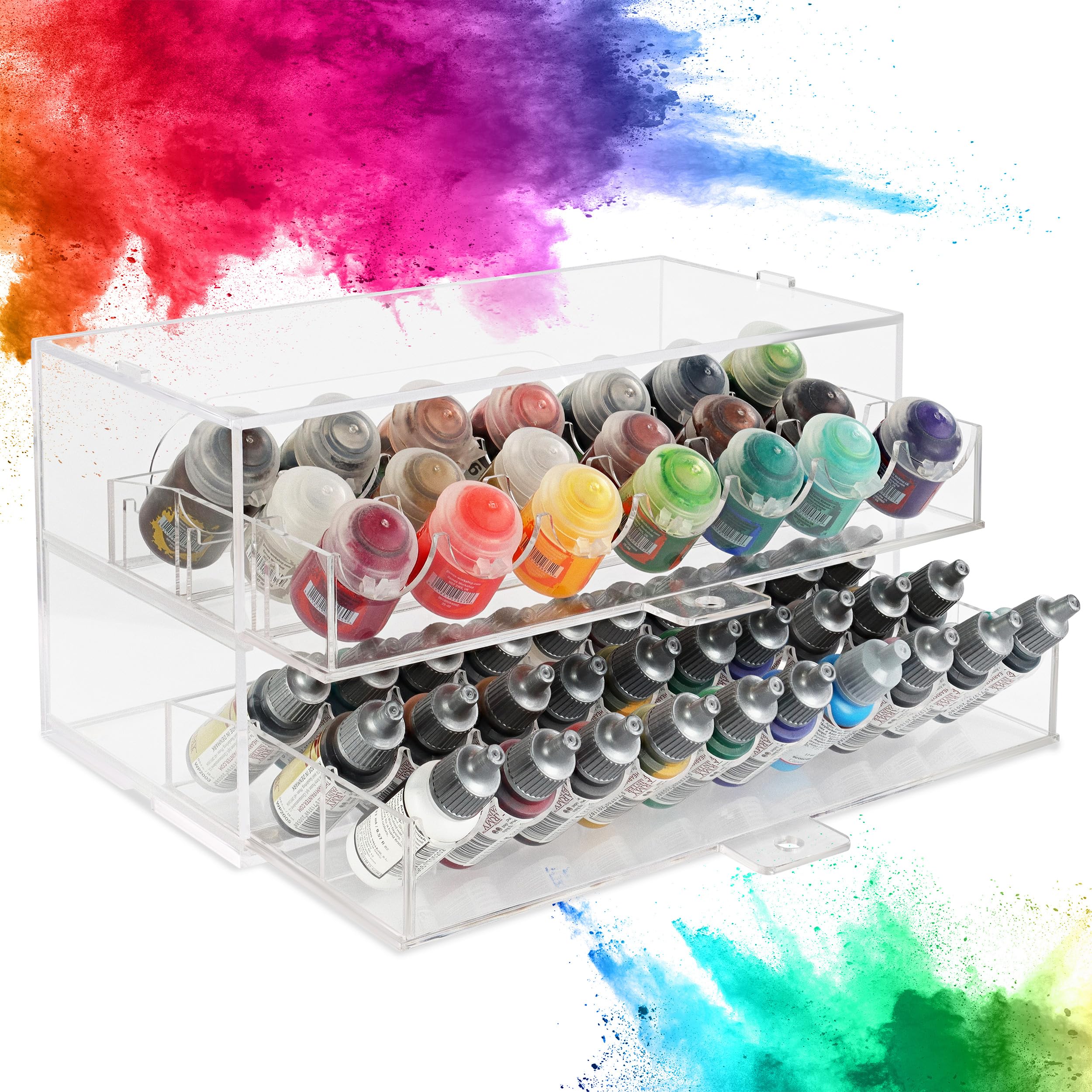 CraftyBook Acrylic Paint Storage Organizer - 50 Bottle Miniature, Hobby, Enamel, Model Paint Holder - 2 Drawer Clear Acrylic Craft Storage - Desktop Art Organization Container for Craft Room Studio