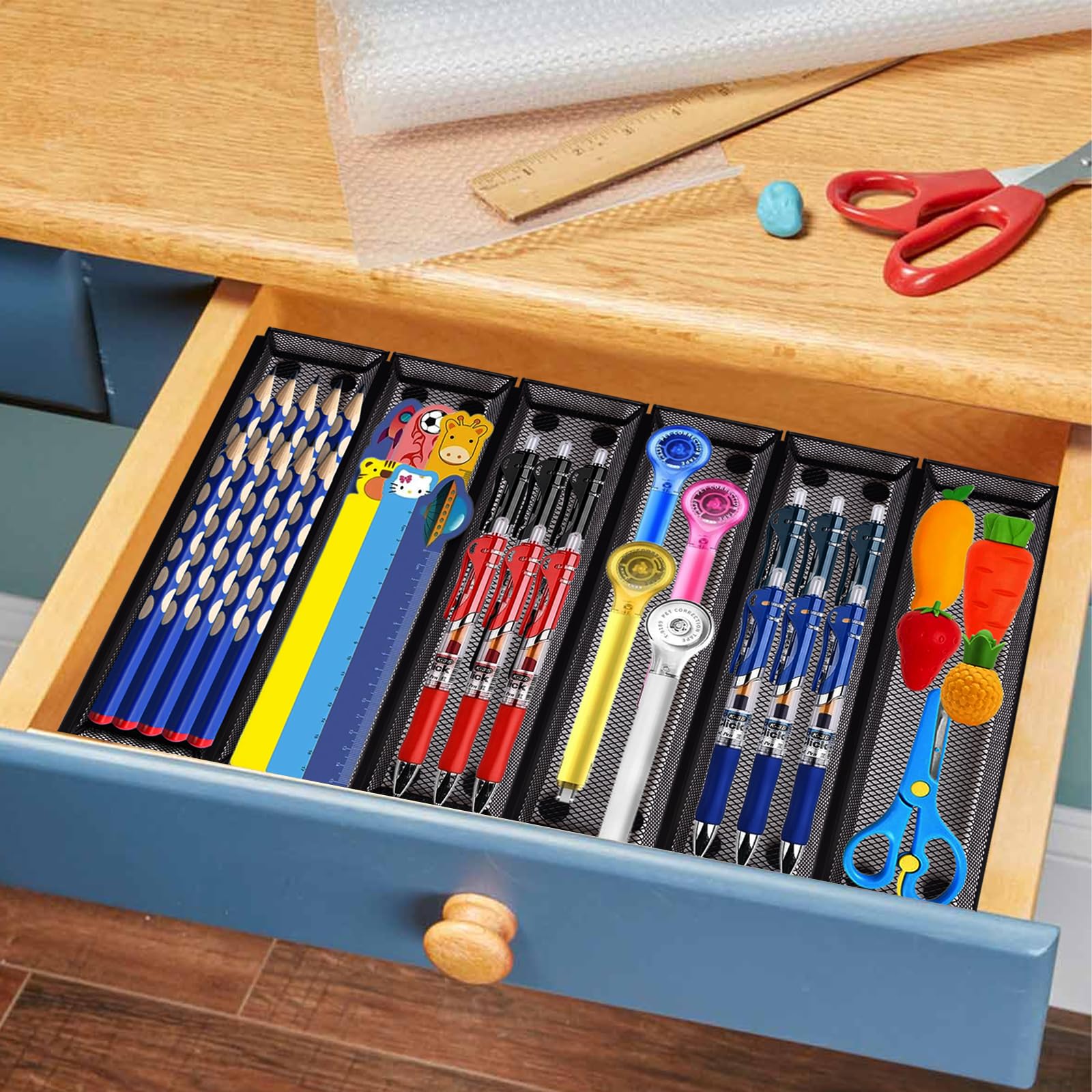 Barelove Silverware Drawer Organizer for Kitchen Drawers, 6 Pcs Mesh Utensil Holder Cutlery Storage Tray with Interlocking Arm for Flatware Knives Forks Spoon Home Office Desktop, 12x3x2 Inch, Black