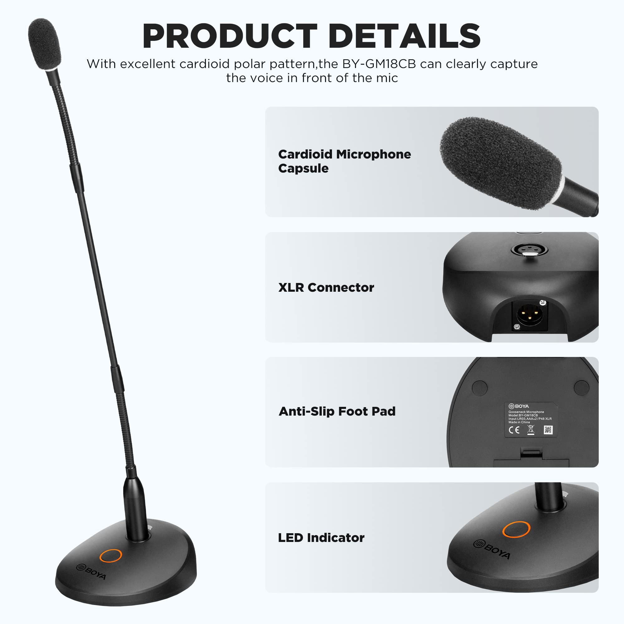 BOYA 18" Gooseneck Condenser Microphone with Desktop Base, LED Indicator - Podium Microphone for Conference Meeting Video Live Streaming Lecture Speech Podcast (XLR Interface BY-GM18CB)
