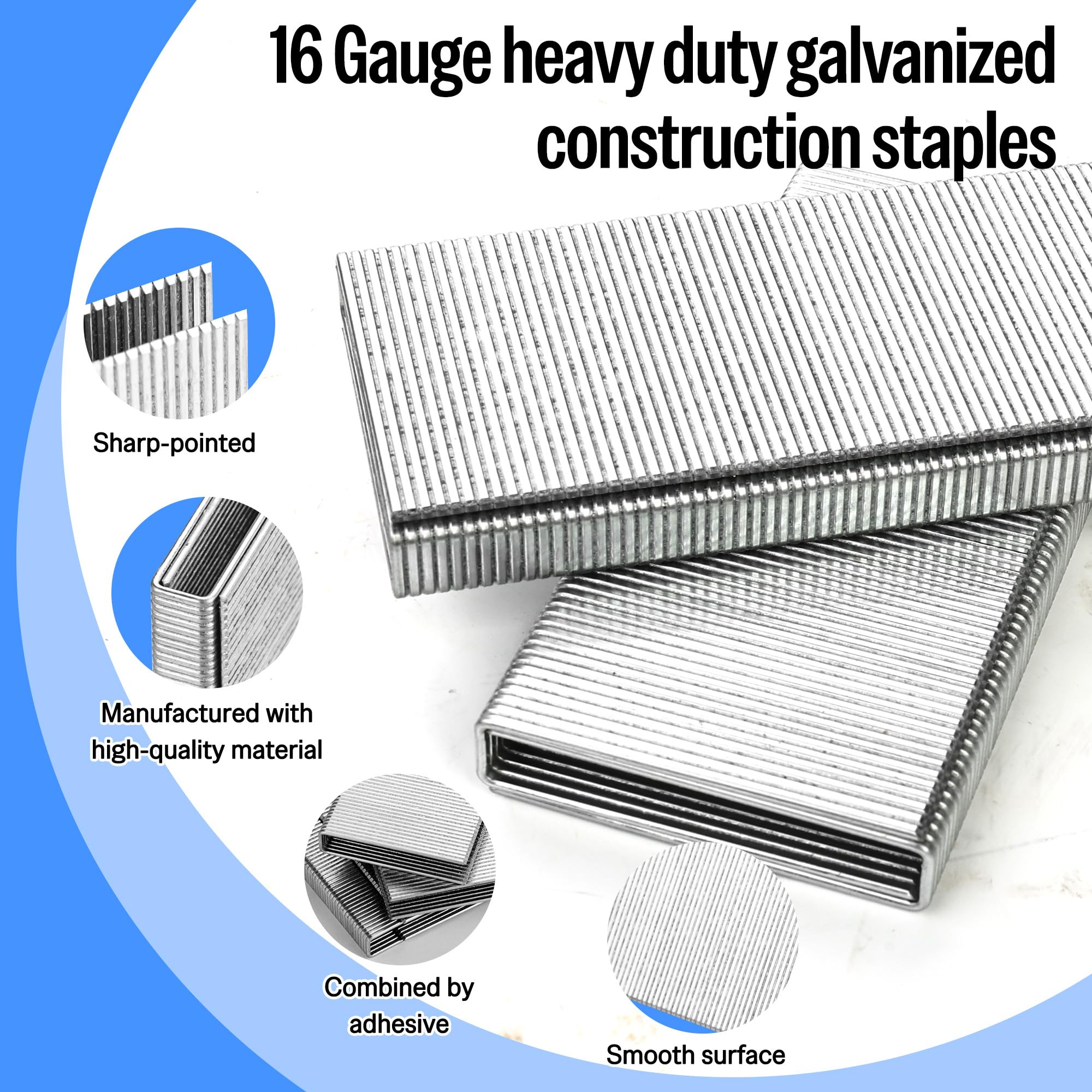 meite 16 Gauge 7/16-Inch Crown Staples, 2-Inch Length Medium Crown Staples Heavy Duty Galvanized Construction Staples for 16 Guage 7/16-Inch Crown Stapler Guns (10,000 Counts)