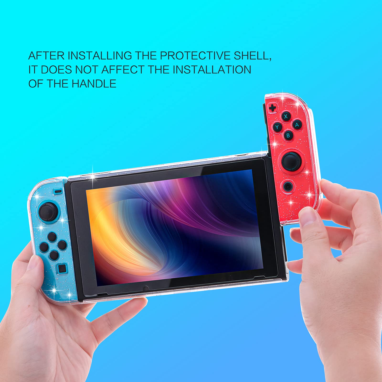 Switch Clear Glitter Case, Switch Protective Case with Tempered Glass Screen Protector and Thumb Grip Caps