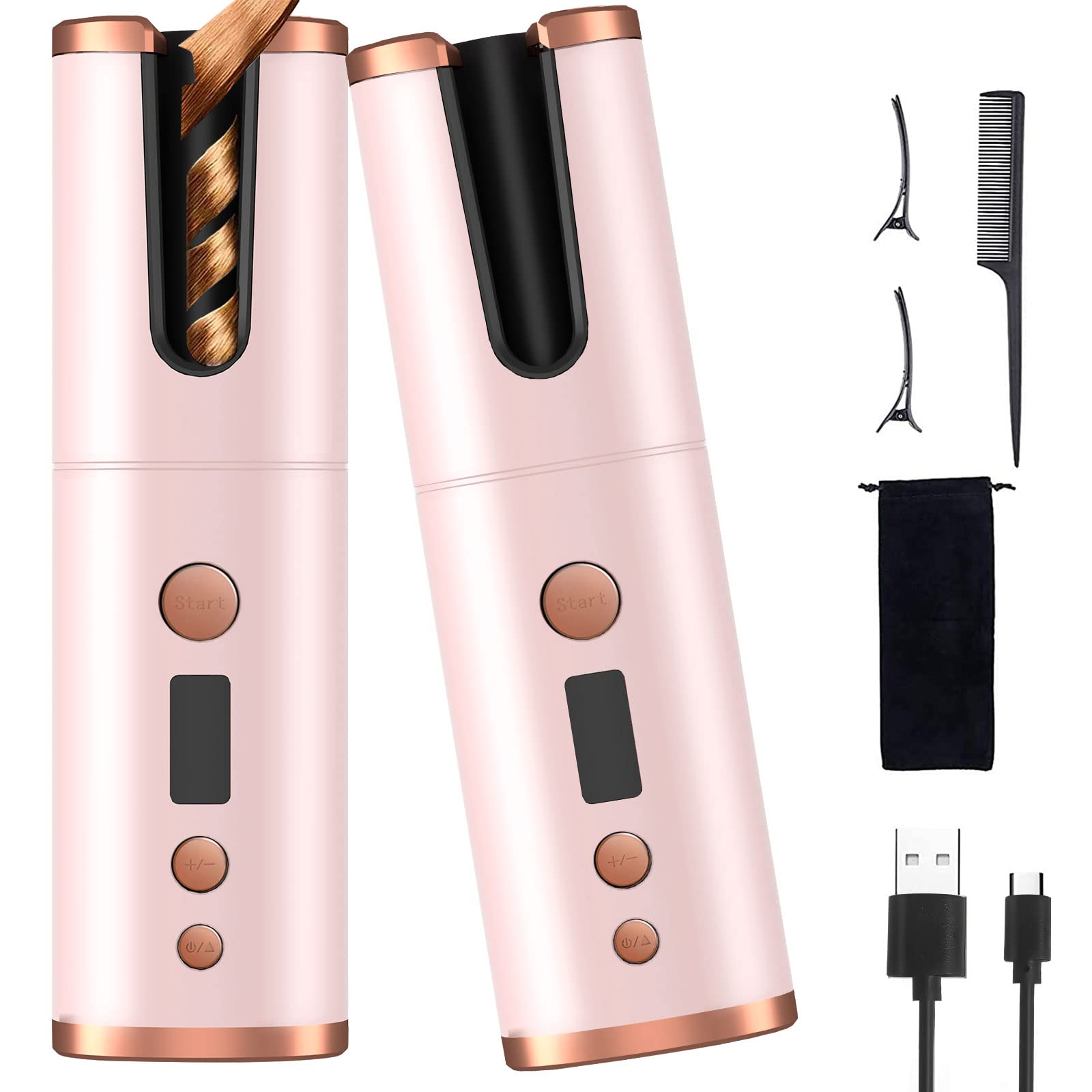 Automatic Curling Iron,Cordless Auto Hair Curle r, Wireless USB Rechargeable Curling Iron Wand, Portable Rotating Curling Wave Wand Styling Tool, Auto Shut Off ,Fast Heating for Hair Styling(Pink)