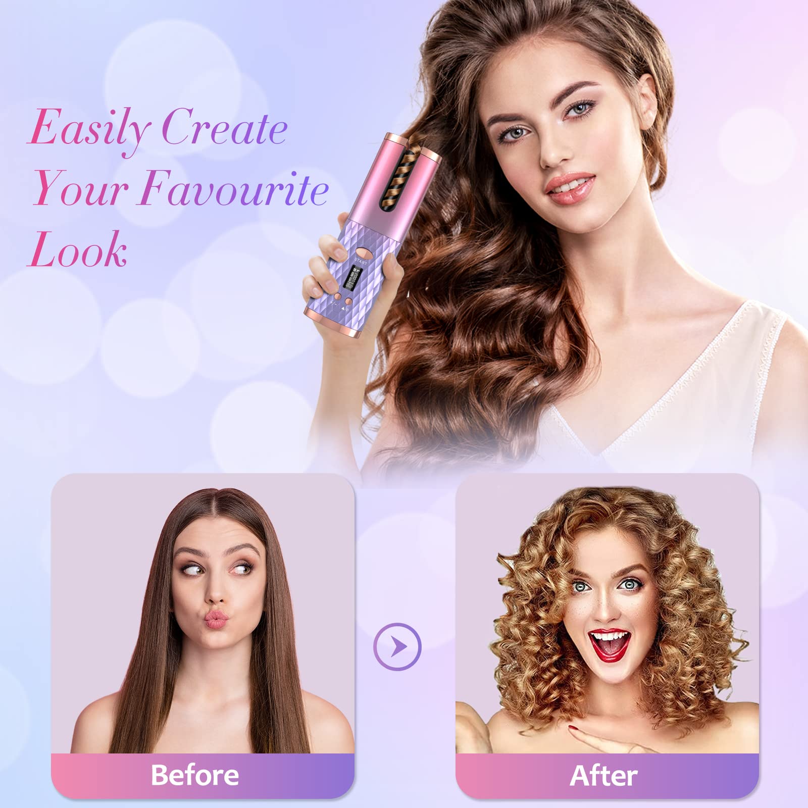 Automatic Curling Iron, Cordless Auto Hair Curler, Rotating Iron with 6 Temps & Timer, Portable Rechargeable Ceramic Barrel Wave Wand, Fast Heating Spin Irons for Styling