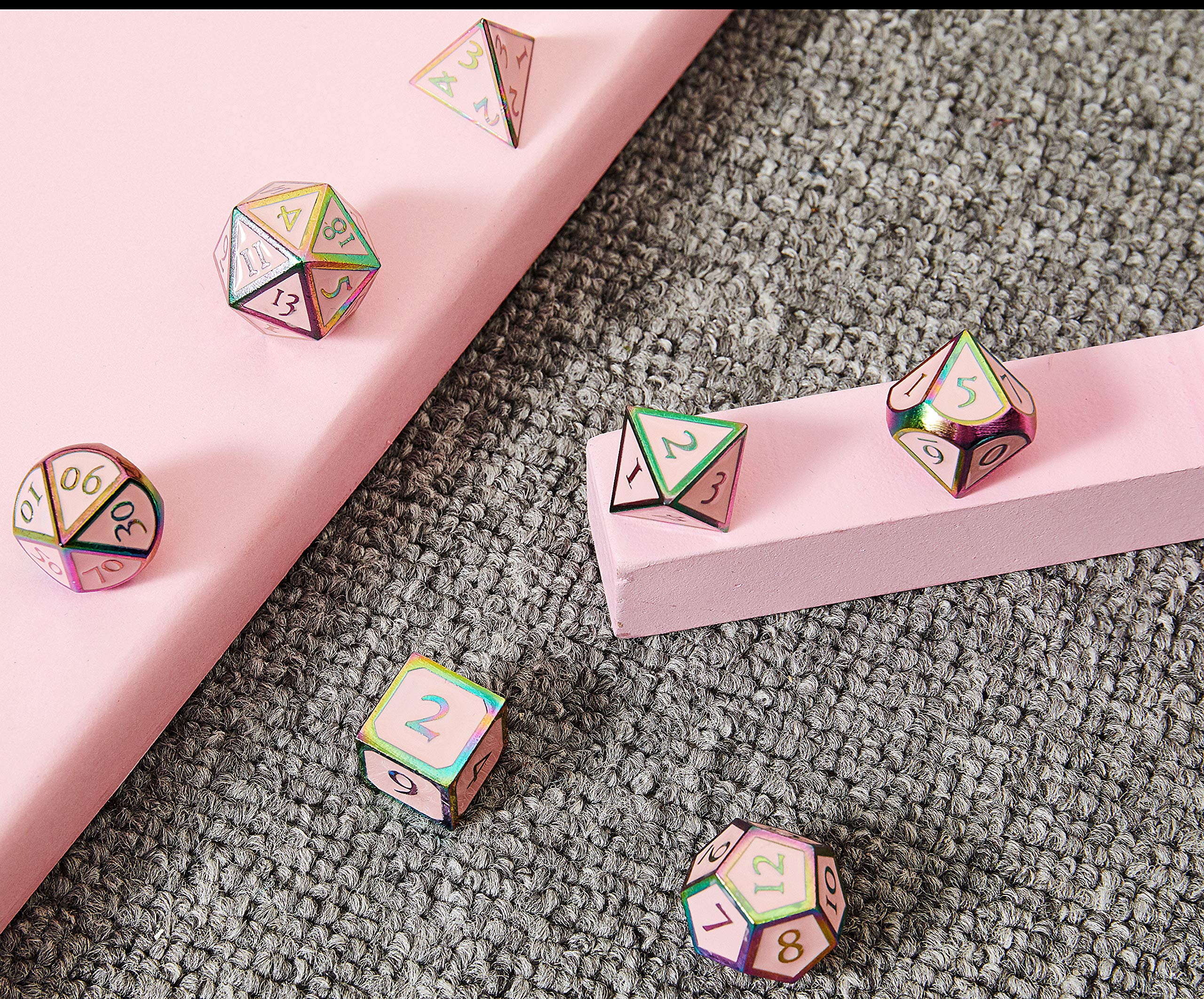DND Metal Game Dice Set Cream Pink with Rainbow Edge 7pcs Set for Dungeons and Dragons RPG MTG Table Games D4 D6 D8 D10 D12 D20
