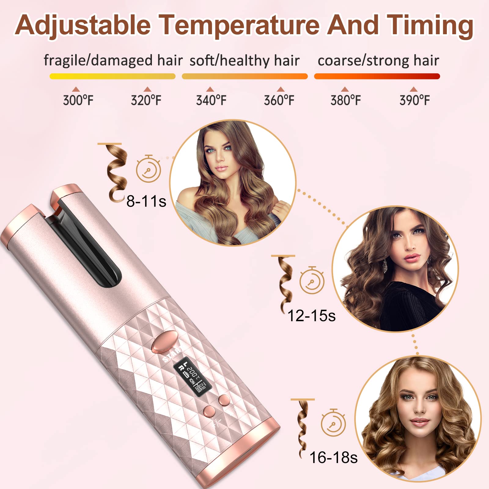 Automatic Curling Iron, Cordless Auto Hair Curler w/ 6 Temp & Timer, Rechargeable Ceramic Hair Curlers, Portable Rotating Curling Wand Styling Tool, Fast-Heating, Auto Shut Off