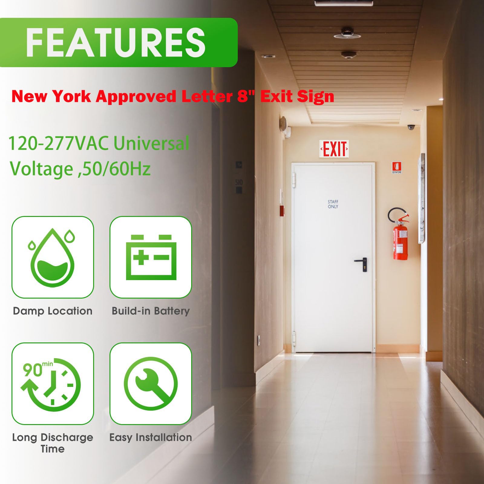 Garrini New York Approved Steel Letter 8" Exit Sign Emergency Light, Steel Housing with Backup Battery,120-277V, Single and Double Faces,Fire Resistant UL Certified NYC-200