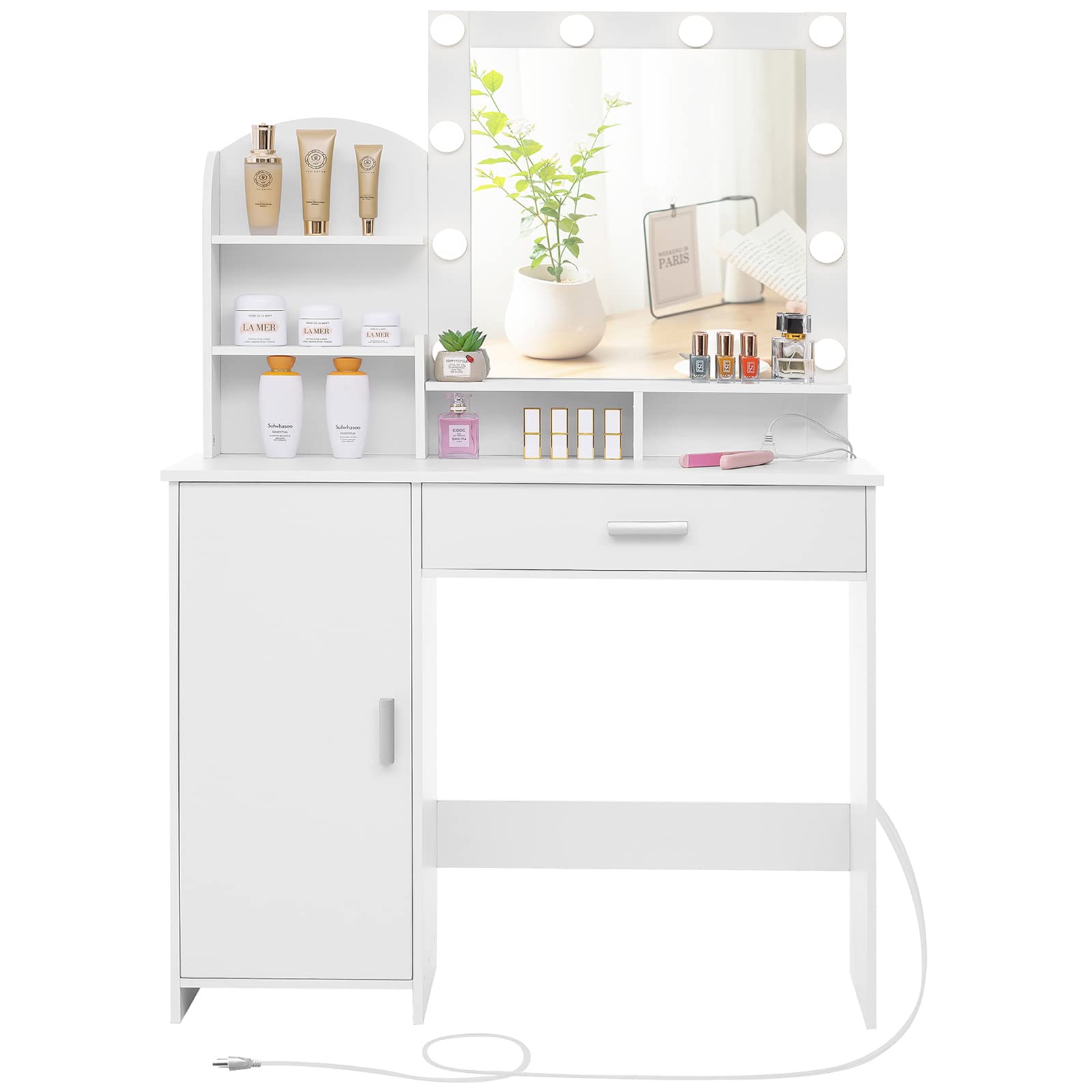 Quimoo Vanity Desk with Mirror and Lights,Makeup Vanity with Lights & Charging Station, Vanity Table Set with Drawer & Height-Adjustable Cabinet, for Women Girls, White