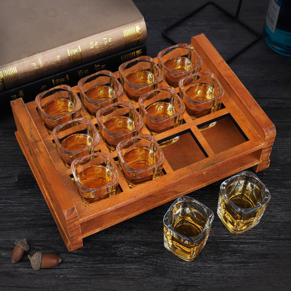 BARGIFTS 12pc Shot Glass Set,Party Server Shot Glasses Set with Rustic Rufous Wood Serving Tray,Crystal Shot Glass for Whiskey, Party & Collection