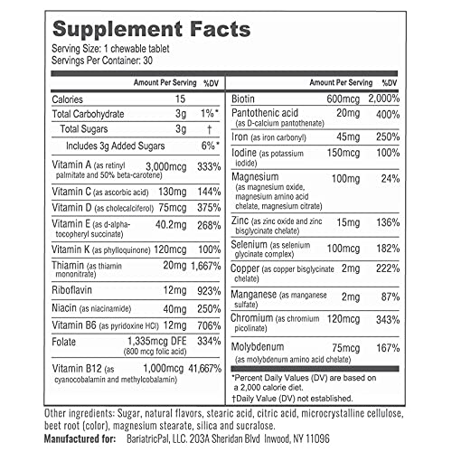 BariatricPal Multivitamin ONE 1 per Day! Bariatric Multivitamin Chewable with 45mg Iron - Mixed Berry (30 Count)