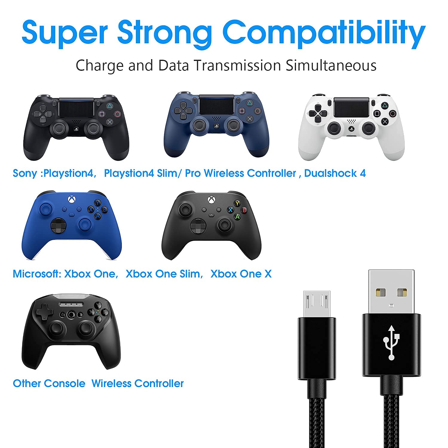 AOSOK PS4 Controller Charger Cable 10FT, 2Pack Braided PS4 Charger - Extra Long Micro USB Fast Charging Cord for Playstation 4, PS4 Slim/Pro, Xbox One S/X Controller, Android Phones