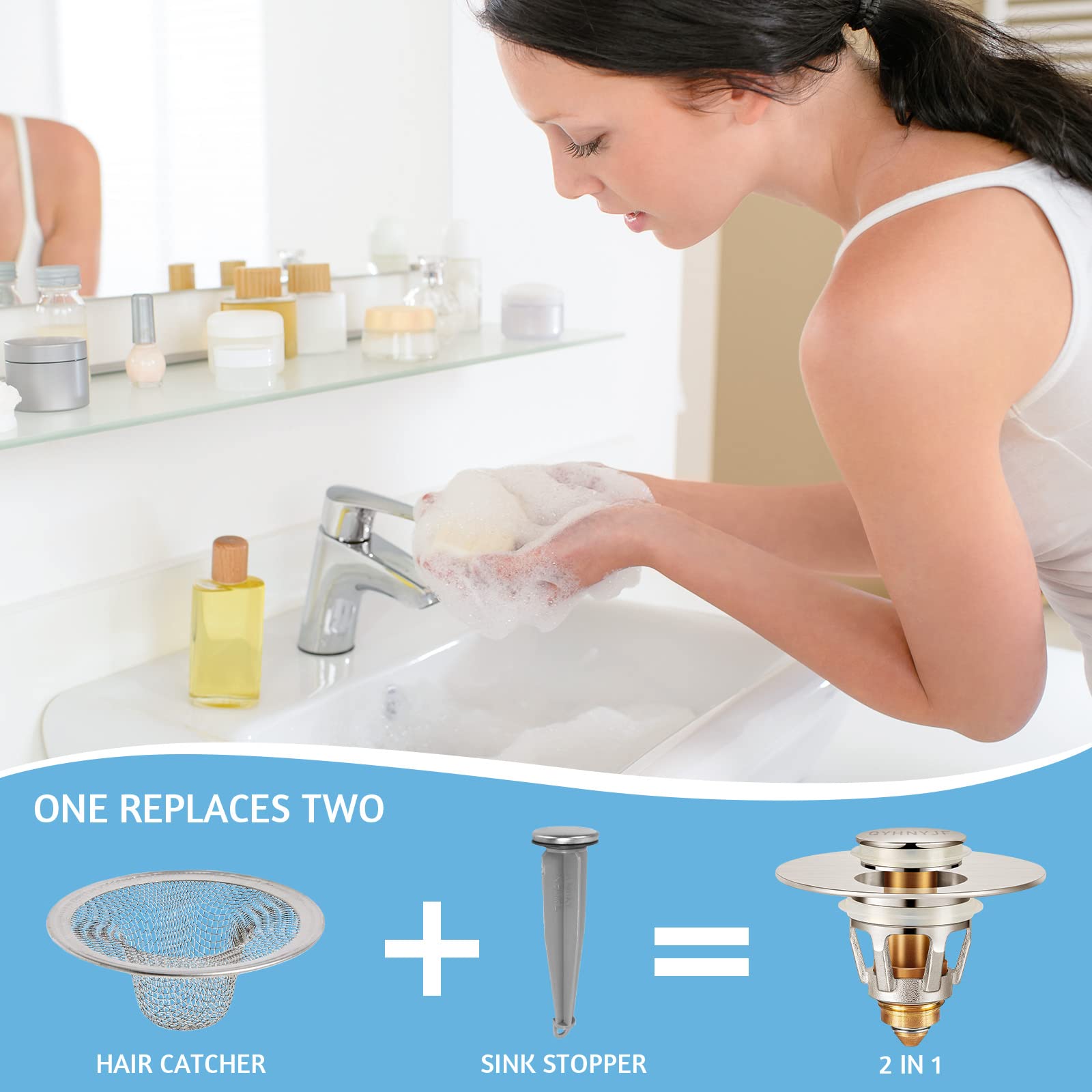 Bathroom Sink Stoppers Brushed Nickel,Pop Up Drain Stopper for Bathroom Sink,2-in-1 Sink Stopper & Strainer,Universal Wash Basin Sink Stopper,for 1.1"~1.5" Bathroom Sink Drain Pipe(Brushed Nickel)