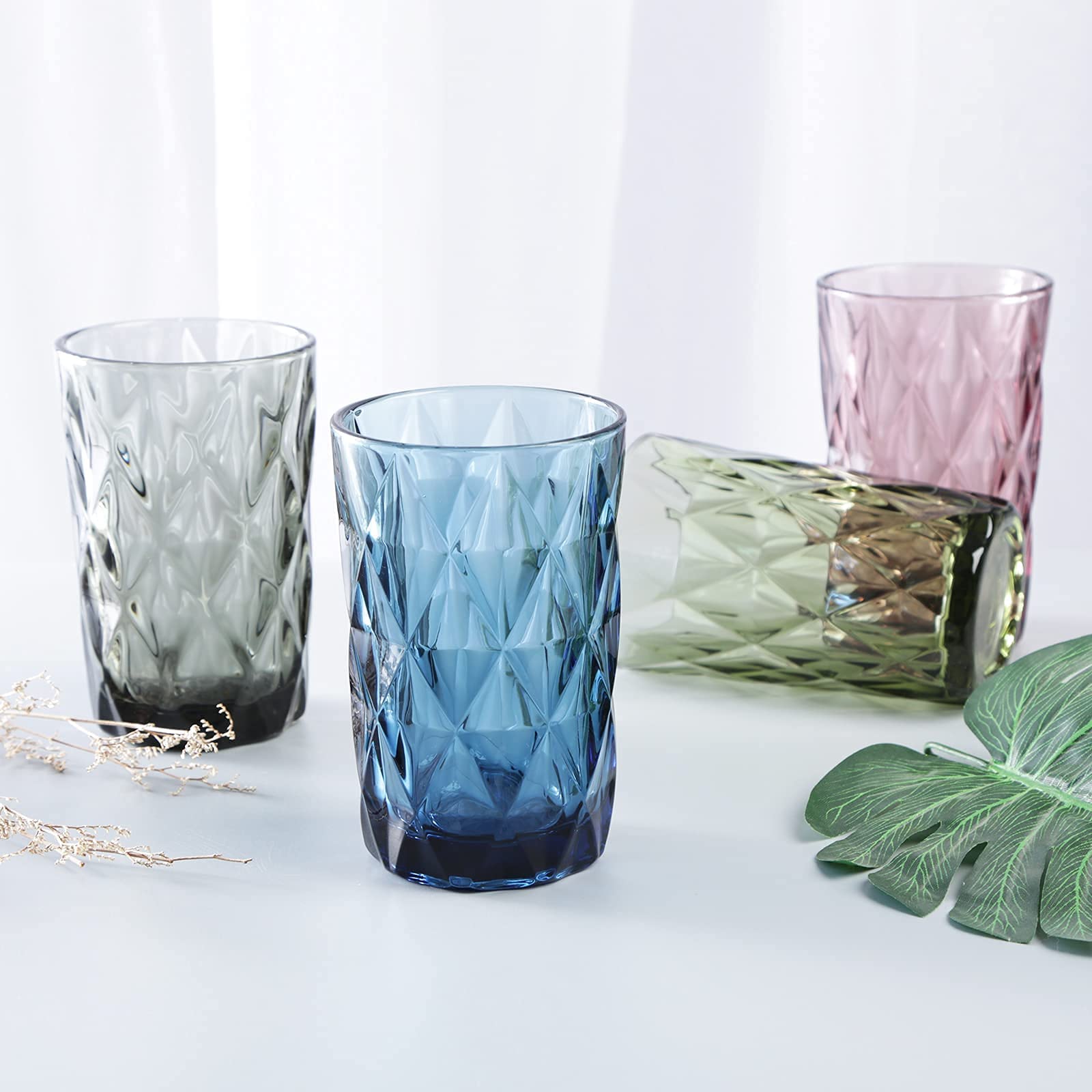 Bandesun Drinking Glass set of 6 Modern Glassware Diamond Pattern Tumbler Cup(12 OZ),for Water,Cocktail,Milk,Juice and Beverage